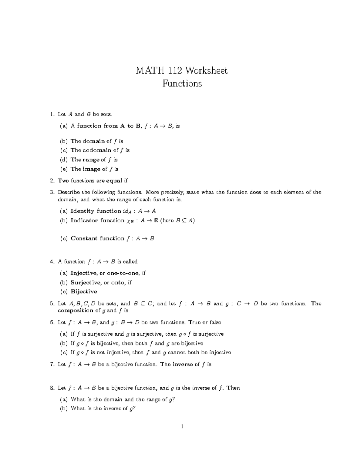 Calculus 1- chapter 1: Functions 2020 - MATH 112 Worksheet Functions ...