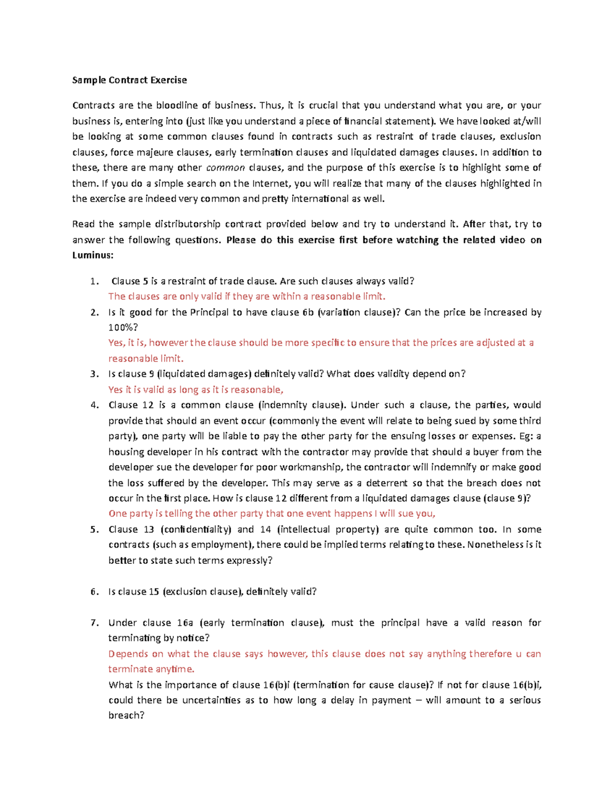 Sample Contract Exercise (3) - Sample Contract Exercise Contracts are ...