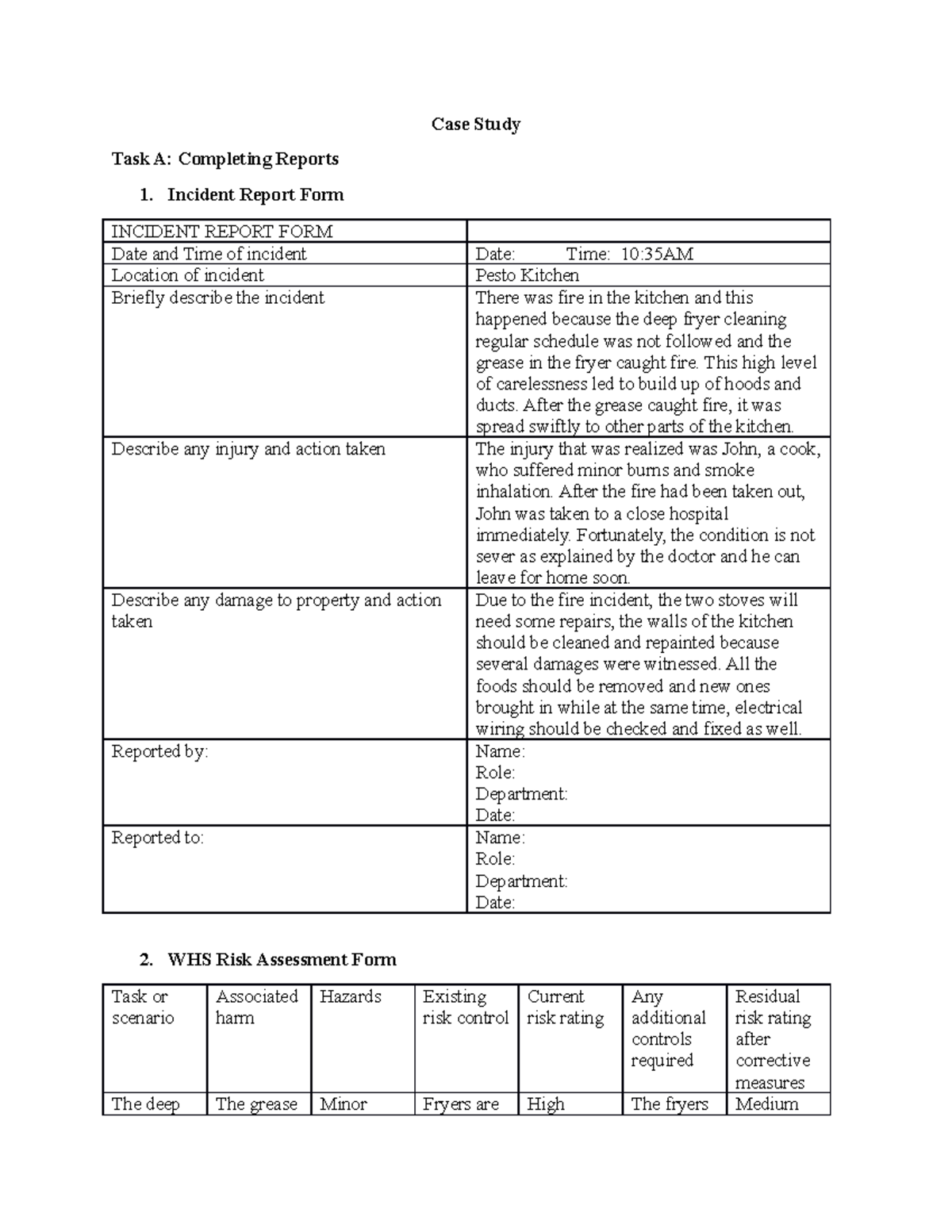 Assignment 2 - Case Study Task A: Completing Reports 1. Incident Report ...