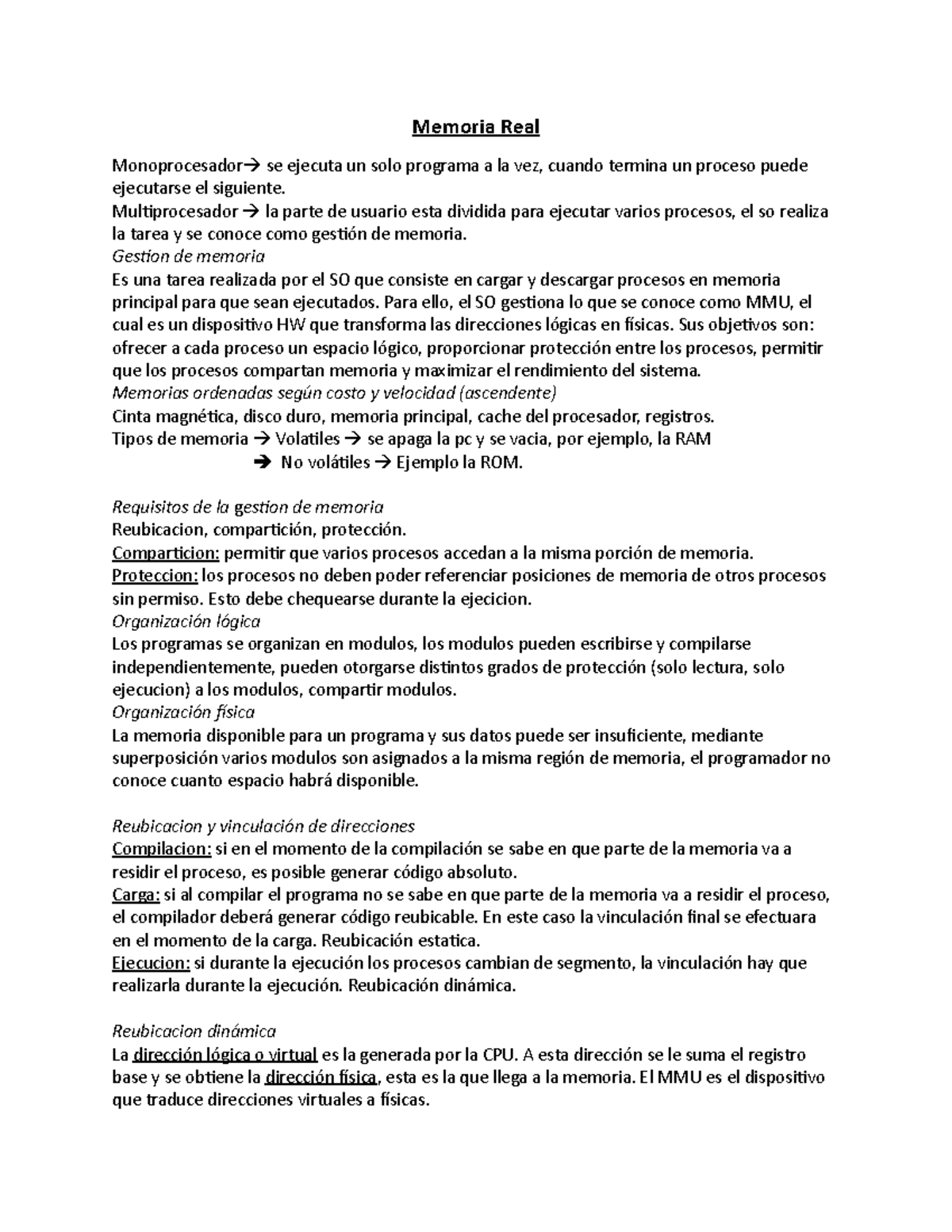 Resumen Sistemas Operativos - Memoria Real se ejecuta un solo programa ...