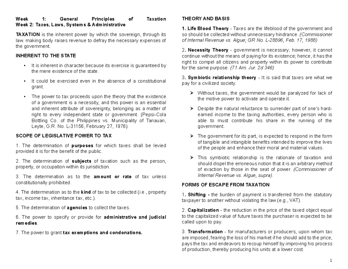 Income taxation 1-2 - Week 1: General Principles of Taxation Week 2 ...