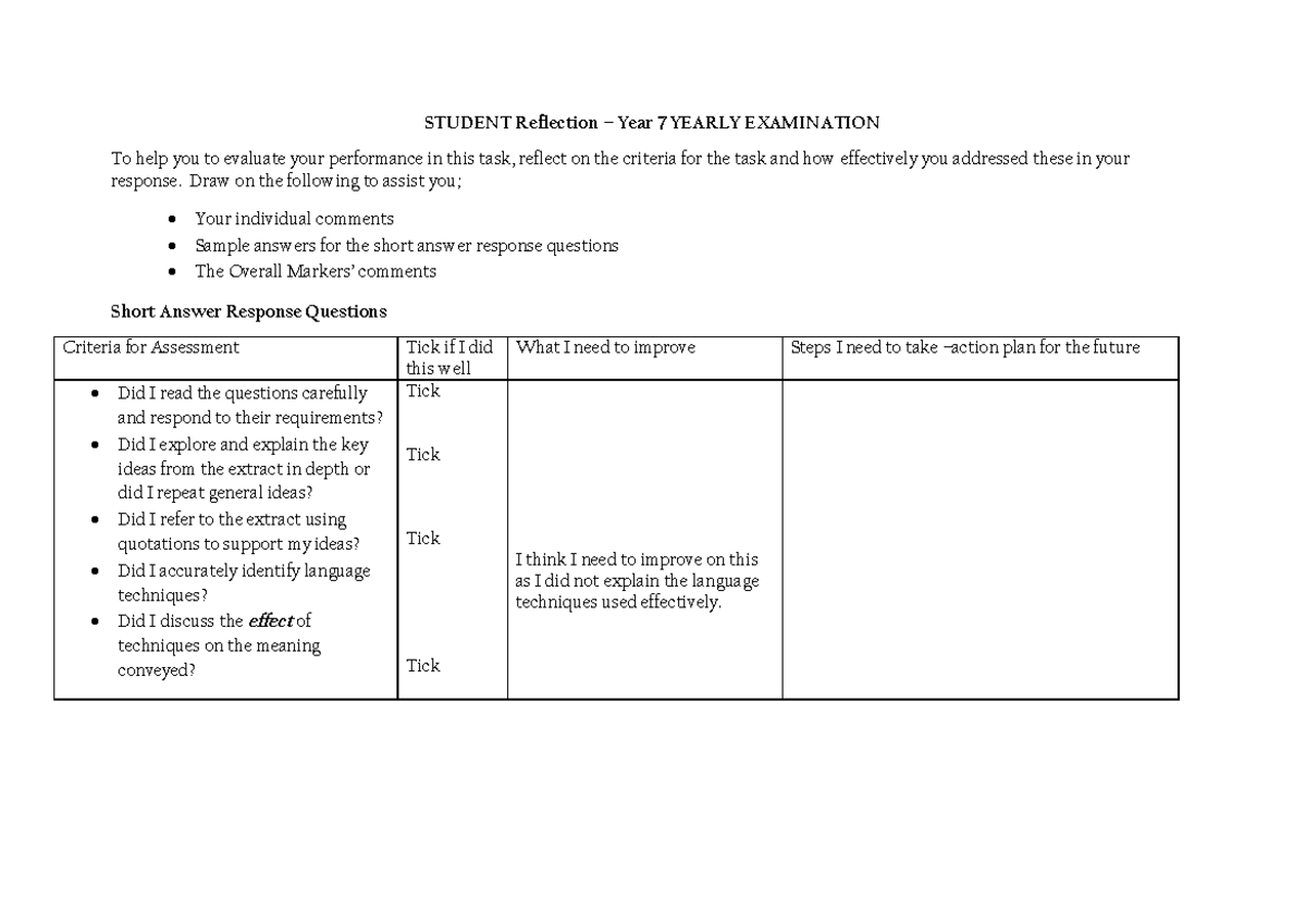 Year 7 Exam Reflection - How to improve for next creative writing - STUDENT Reflection – Year 7 ...