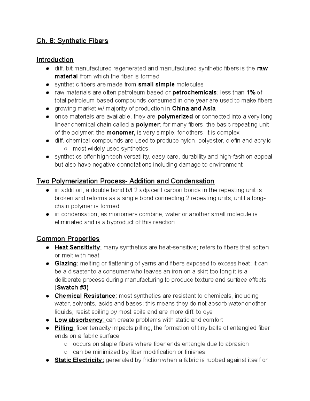 TAM 2200 Notes Ch. 8 - Kerri McBee-Black - Ch. 8: Synthetic Fibers ...
