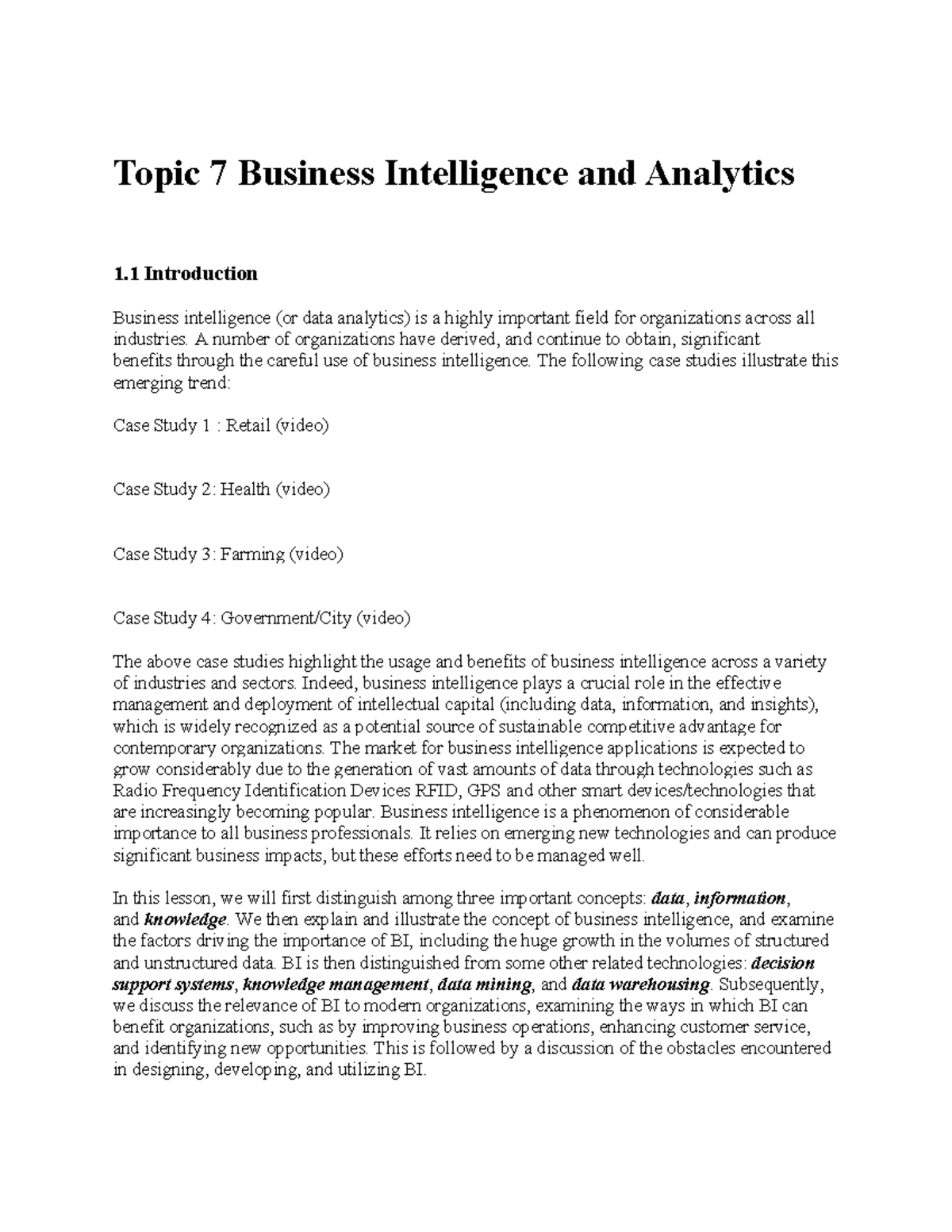 Business Intelligence Notes - Topic 7 Business Intelligence and ...