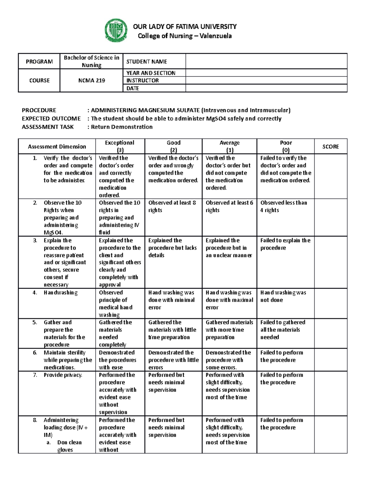 Rubrics- Administering-MGSO4 - OUR LADY OF FATIMA UNIVERSITY College of ...