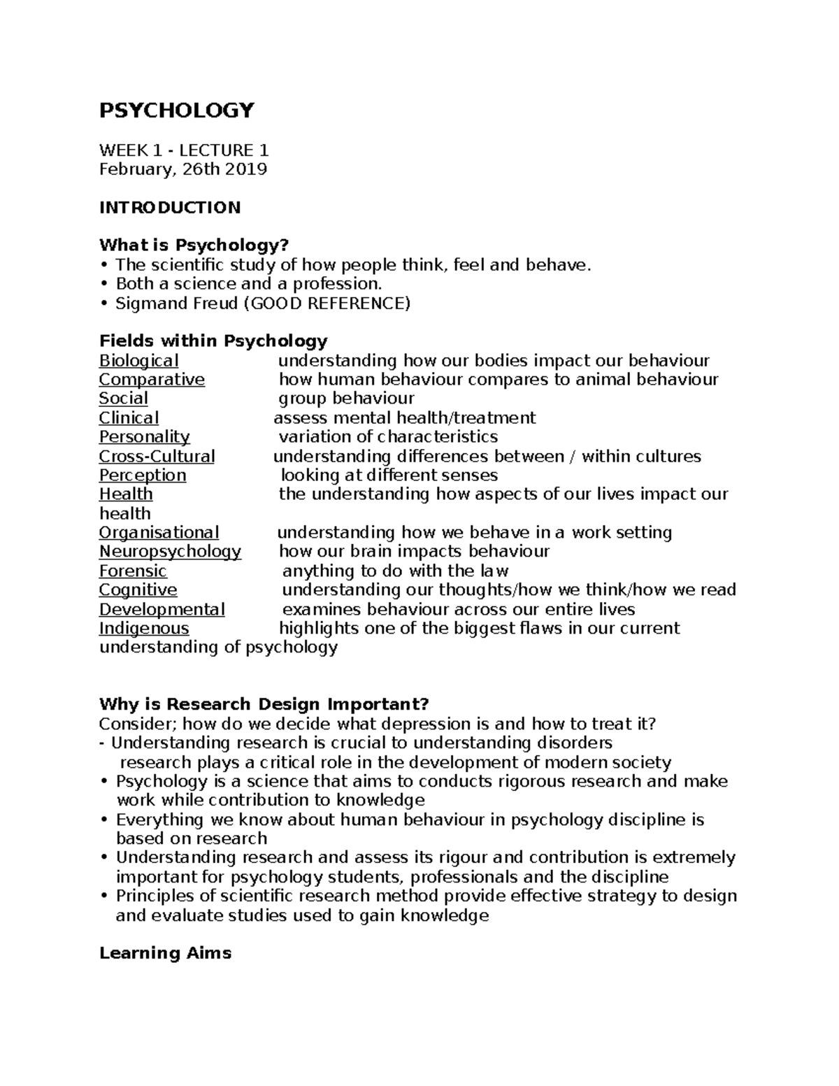 Psychology - Lecture notes 1 - PSYCHOLOGY WEEK 1 - LECTURE 1 February ...