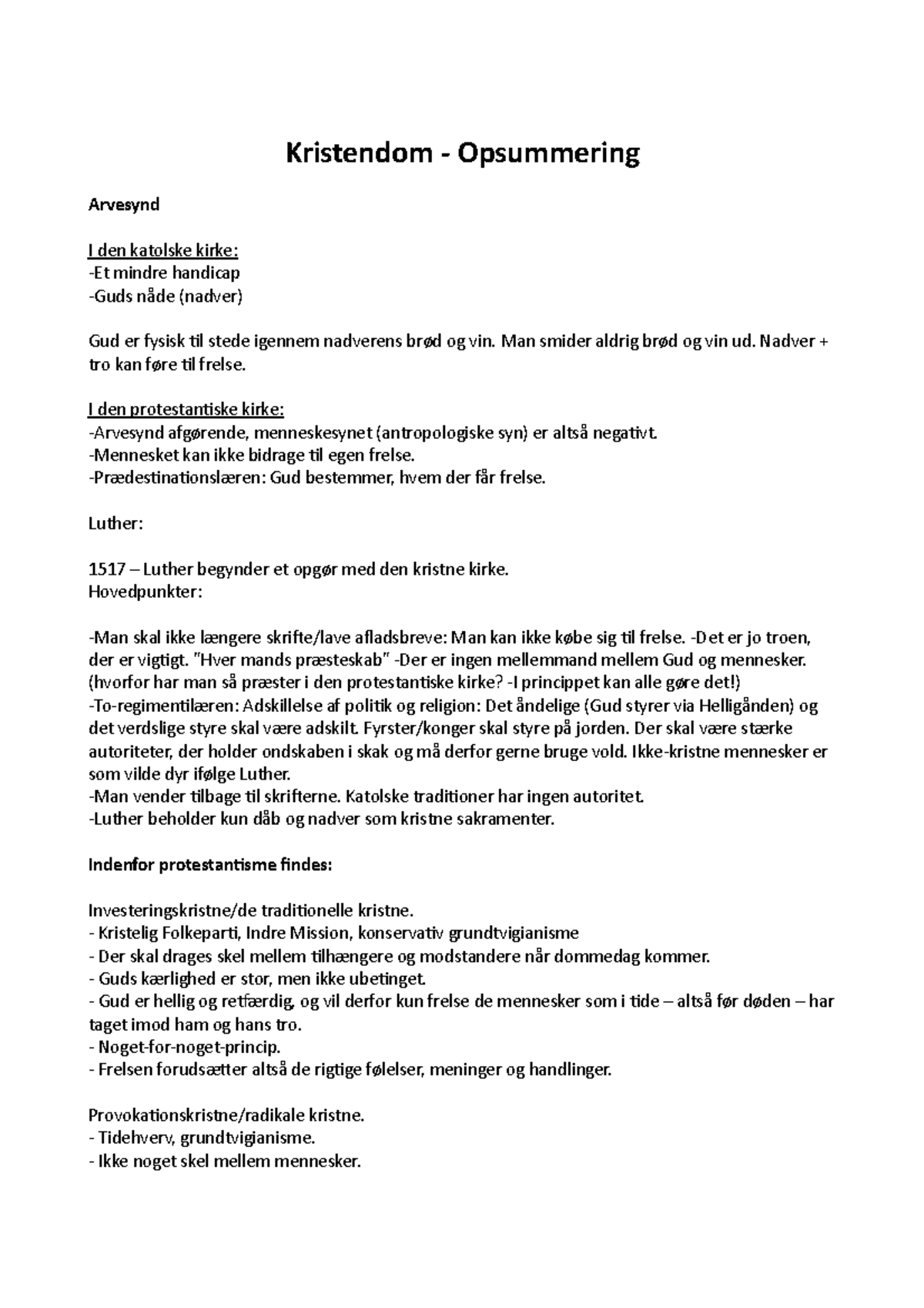 Kristendom opsummering - Kristendom - Opsummering Arvesynd I den ...