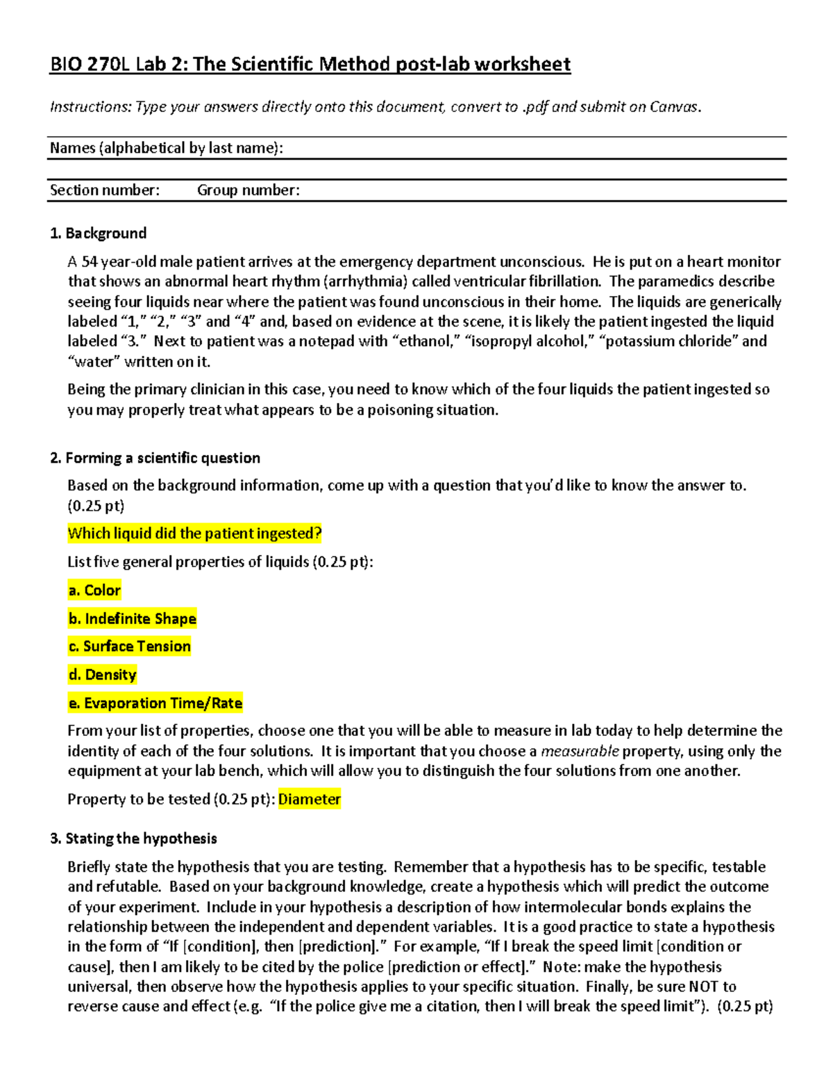 Lab 2 The Scientific Method post-lab worksheet - BIO 270L Lab 2: The ...