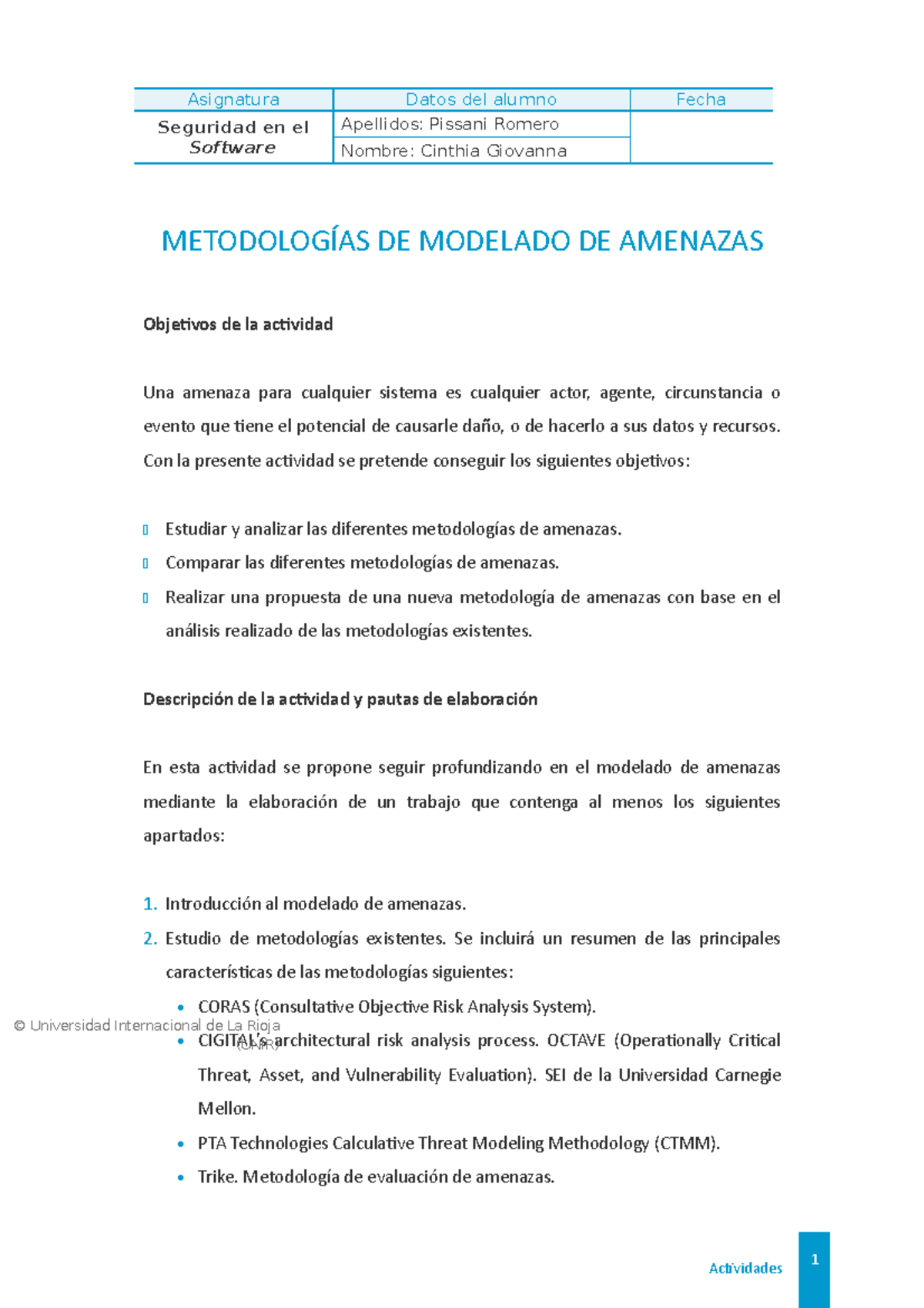 Metodologías de modelado de amenazas Cinthia Pissani - Seguridad en el ...