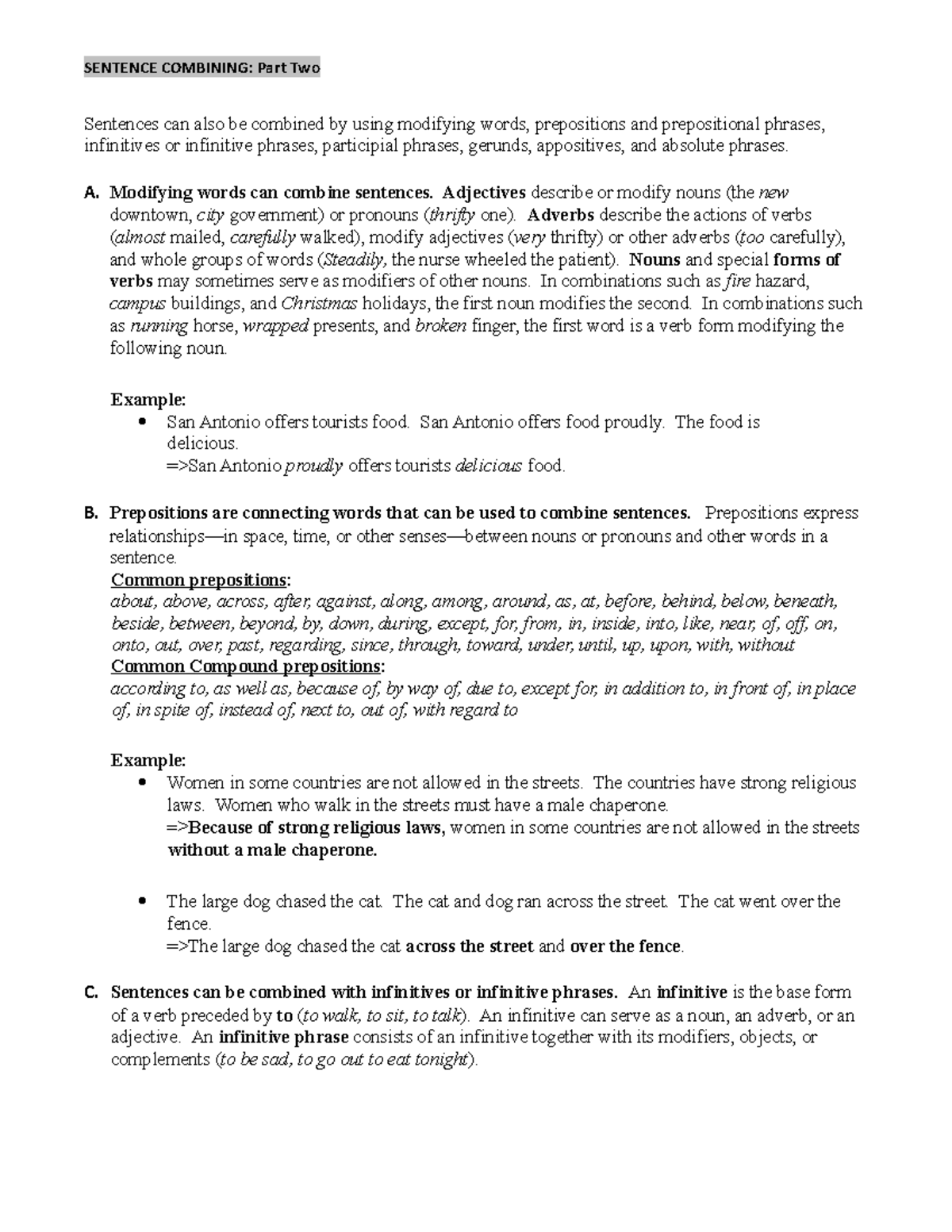 sentence combining homework - SENTENCE COMBINING: Part Two Sentences ...