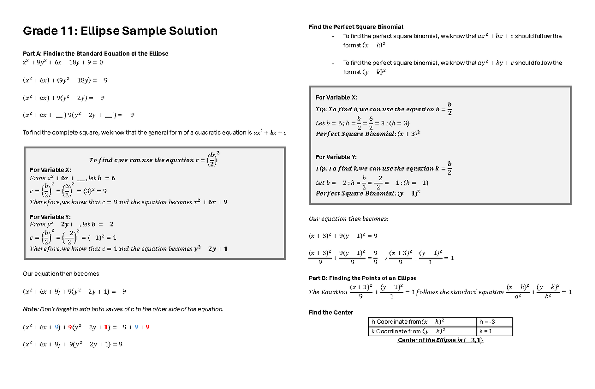 Demo on Ellipse Computation - Grade 11: Ellipse Sample Solution Part A ...