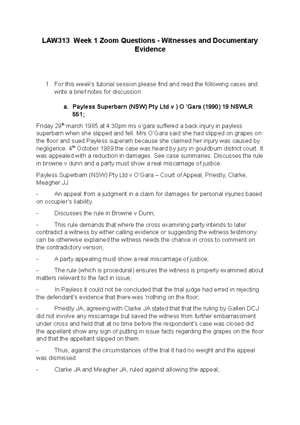 Week 1 Tutorial Questions - LAW313 Week 1 Zoom Questions - Witnesses ...
