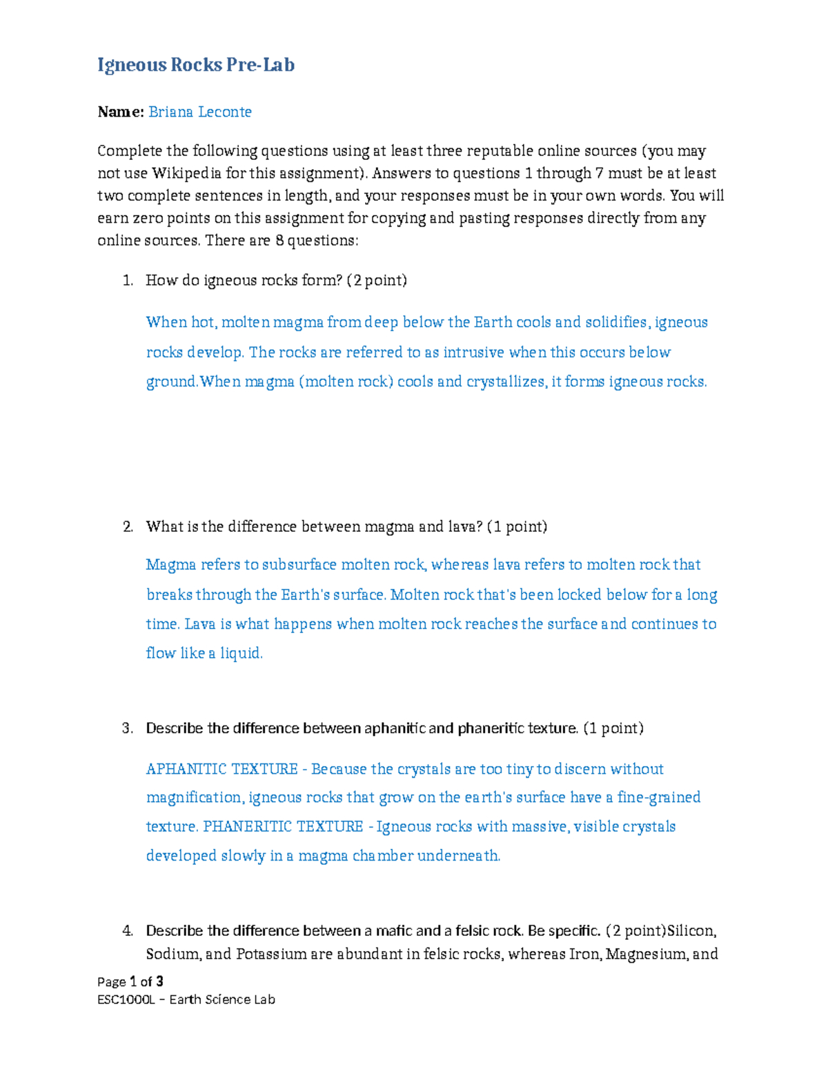 2. rock-igneous-pre-lab - Igneous Rocks Pre-Lab Name: Briana Leconte Complete the following ...