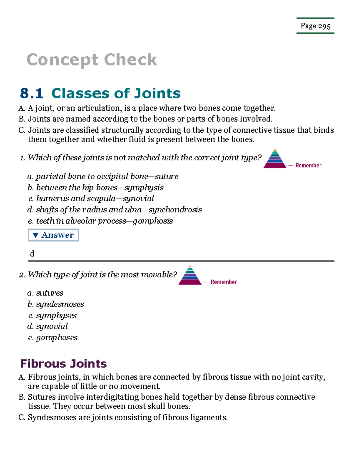 Concept Check - Page 295 Concept Check 8 Classes of Joints Fibrous ...