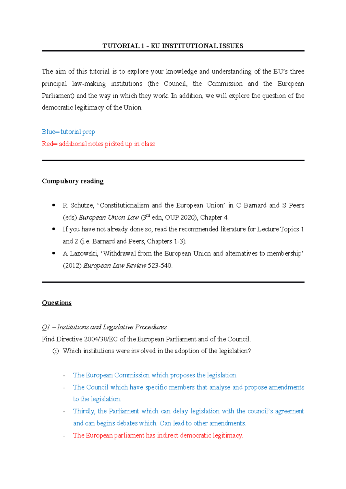 EU Law tutorial 1 - full answers to the questions plus additional tutor ...