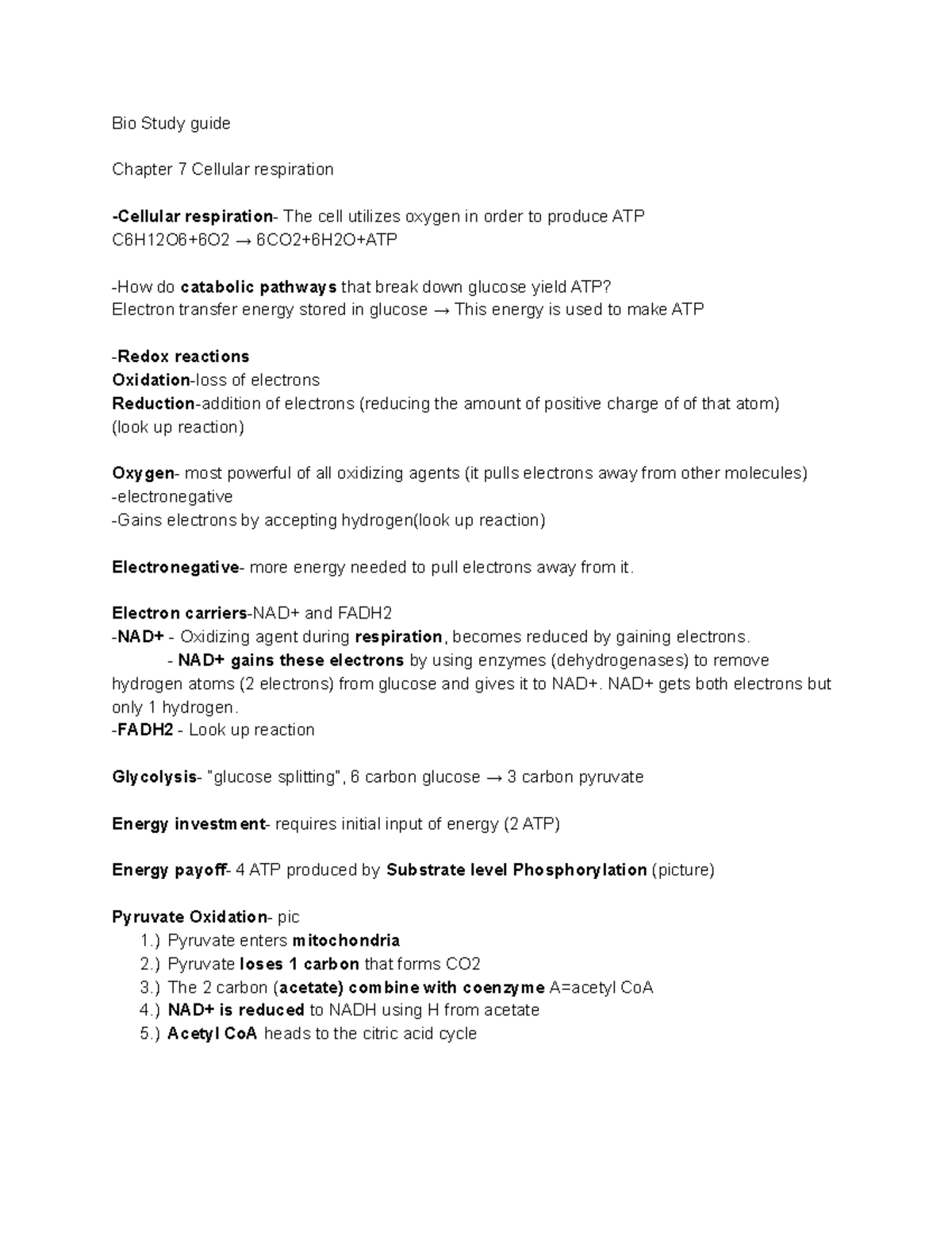 Bio Study guide ch 7 - Bio Study guide Chapter 7 Cellular respiration ...