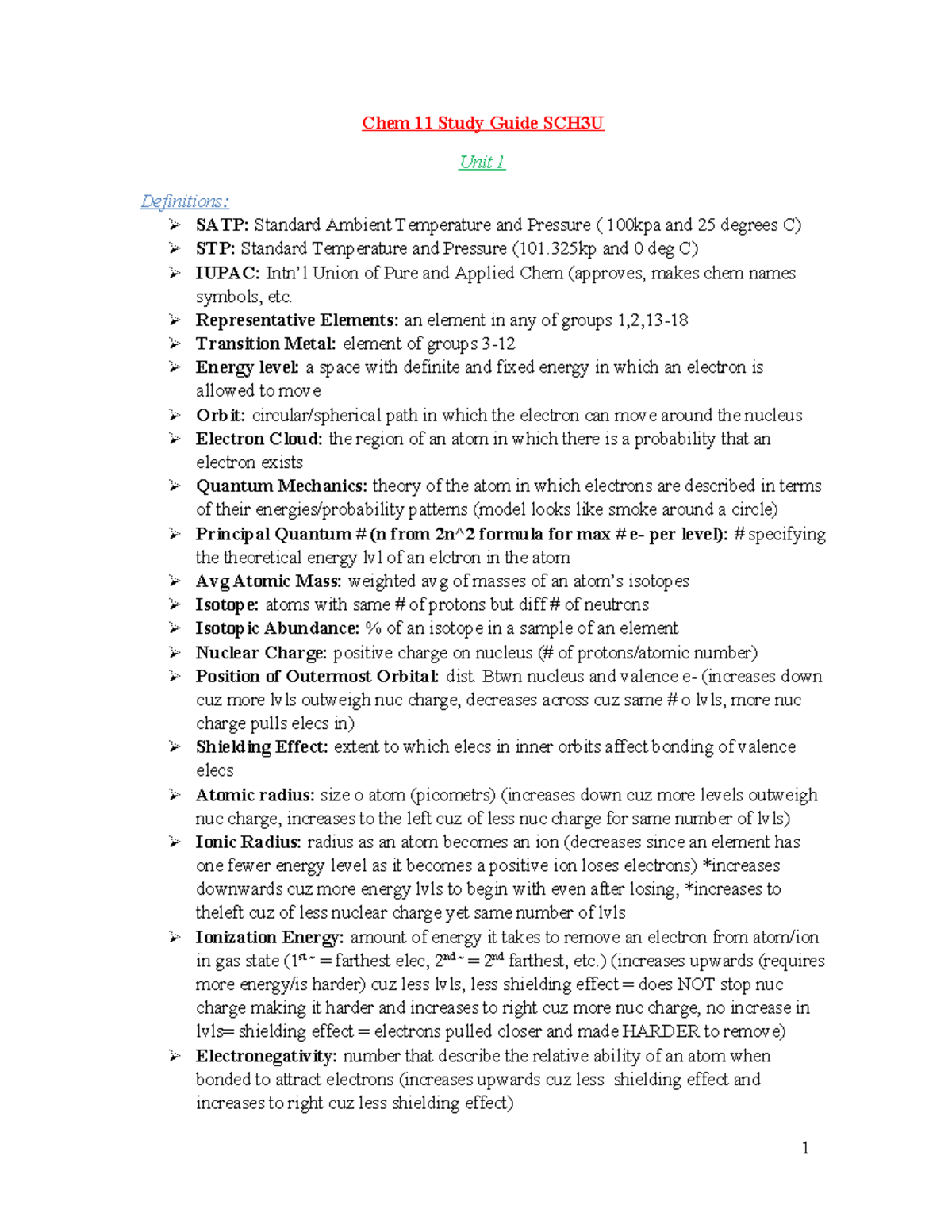 Chemistry 1 - hehez - Chem 11 Study Guide SCH3U Unit 1 Definitions ...