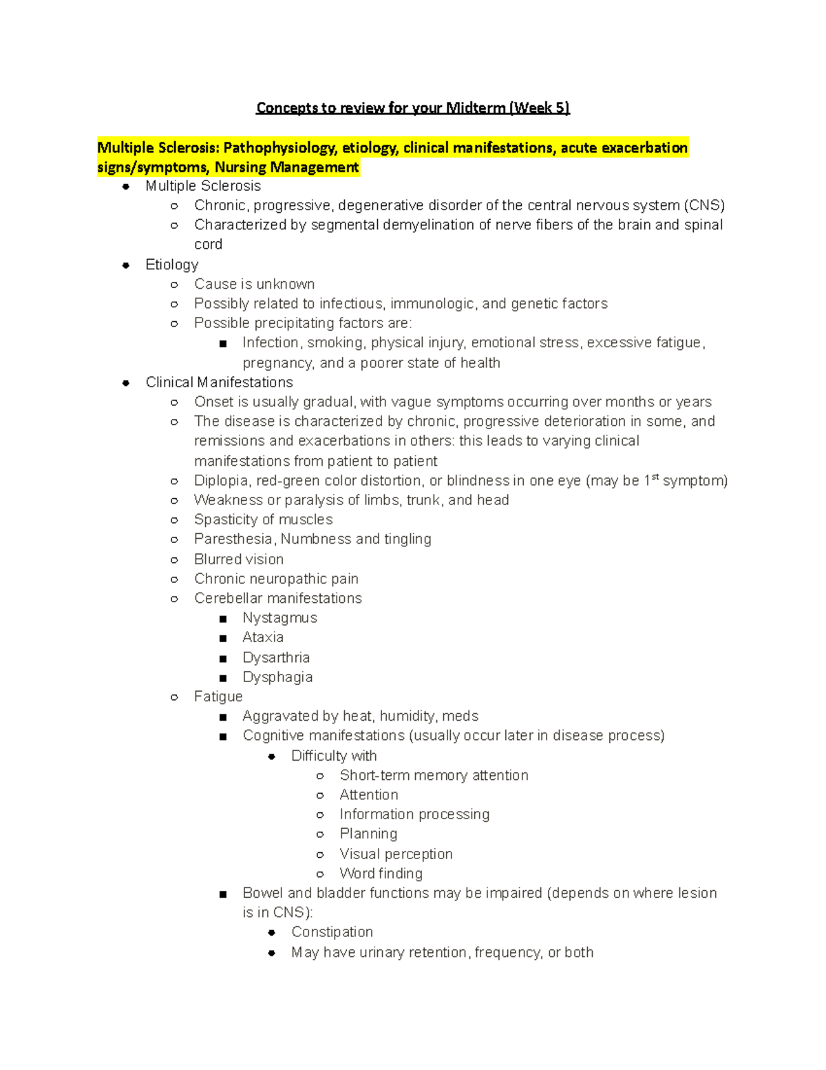 Study Guide for the Midterm - Concepts to review for your Midterm (Week 5) Multiple Sclerosis ...