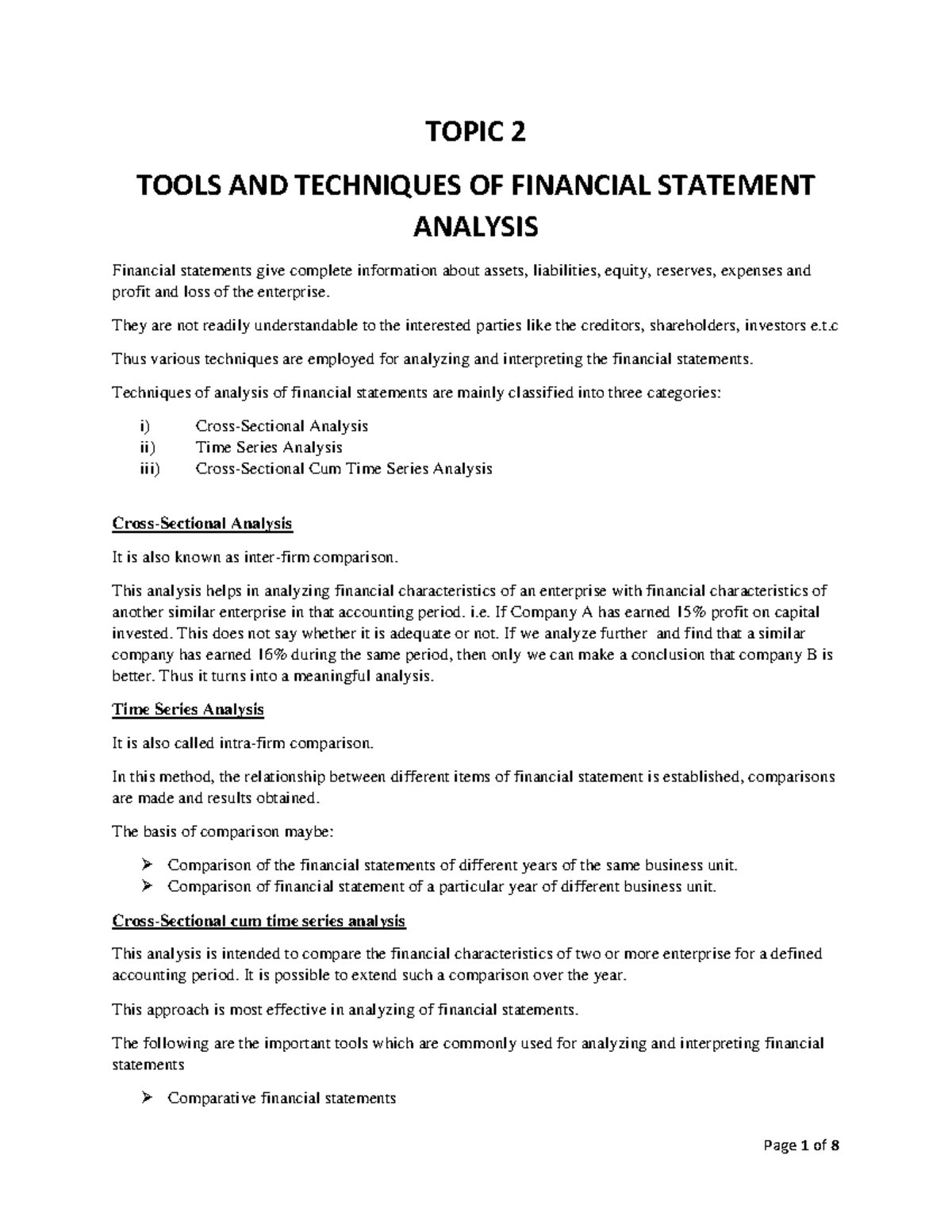 Topic 2 Tools And Techniques Of Financial Statement Analysis TOPIC 2
