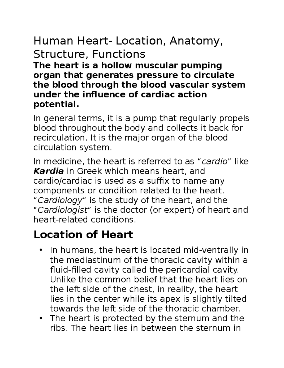Bio 1 - notes - Human Heart- Location, Anatomy, Structure, Functions ...