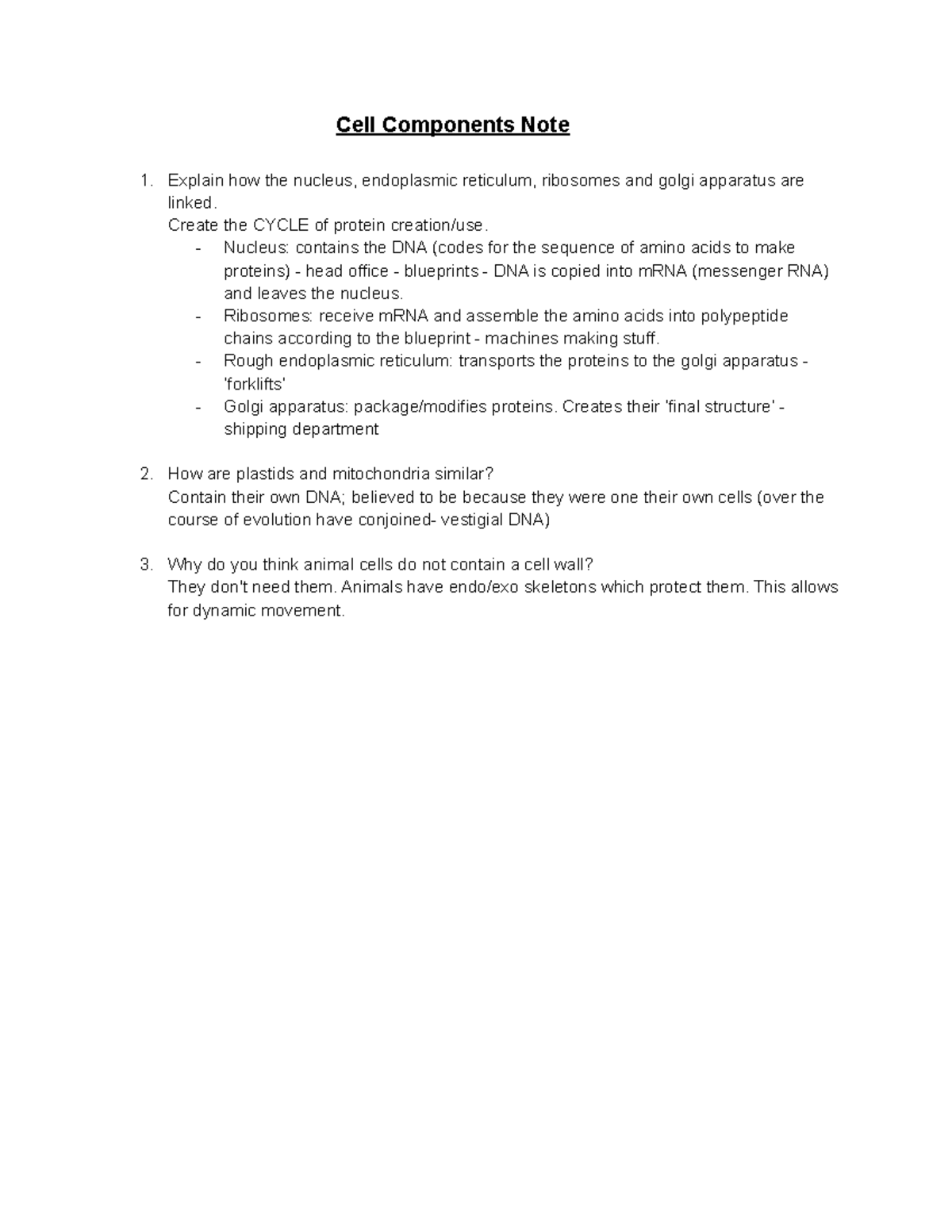 Cell Components Note Grade 12 University Biology - Cell Components Note ...