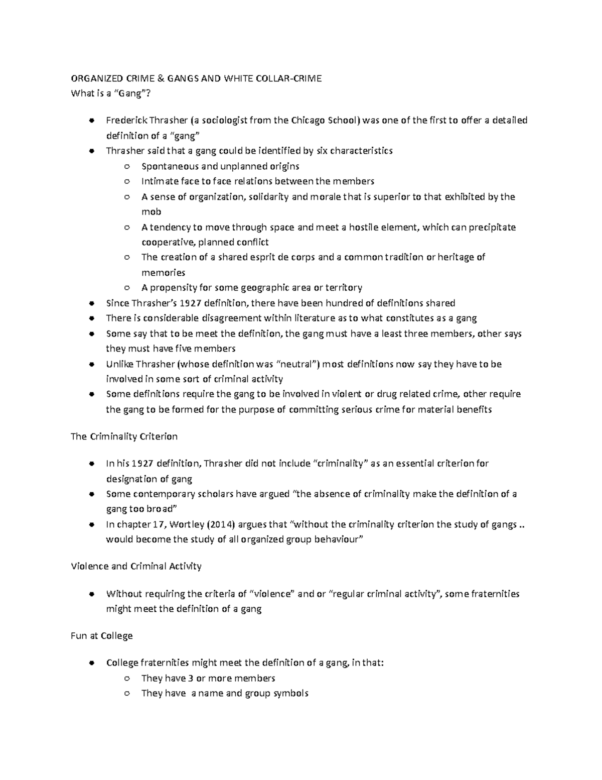 CRIM 101 Lecture 10 Notes - ORGANIZED CRIME & GANGS AND WHITE COLLAR ...