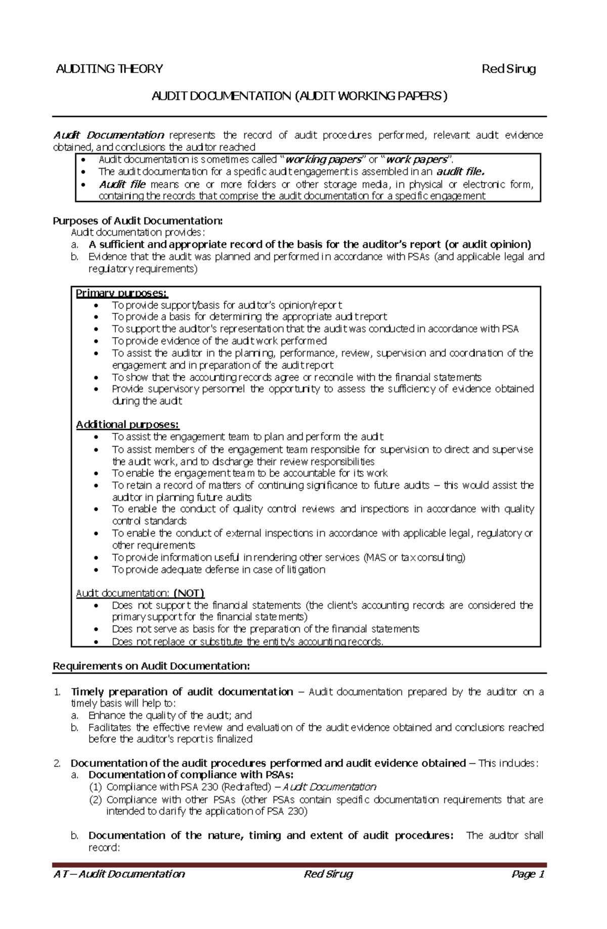 AT Audit Documentation - AUDITING THEORY Red Sirug AUDIT DOCUMENTATION ...