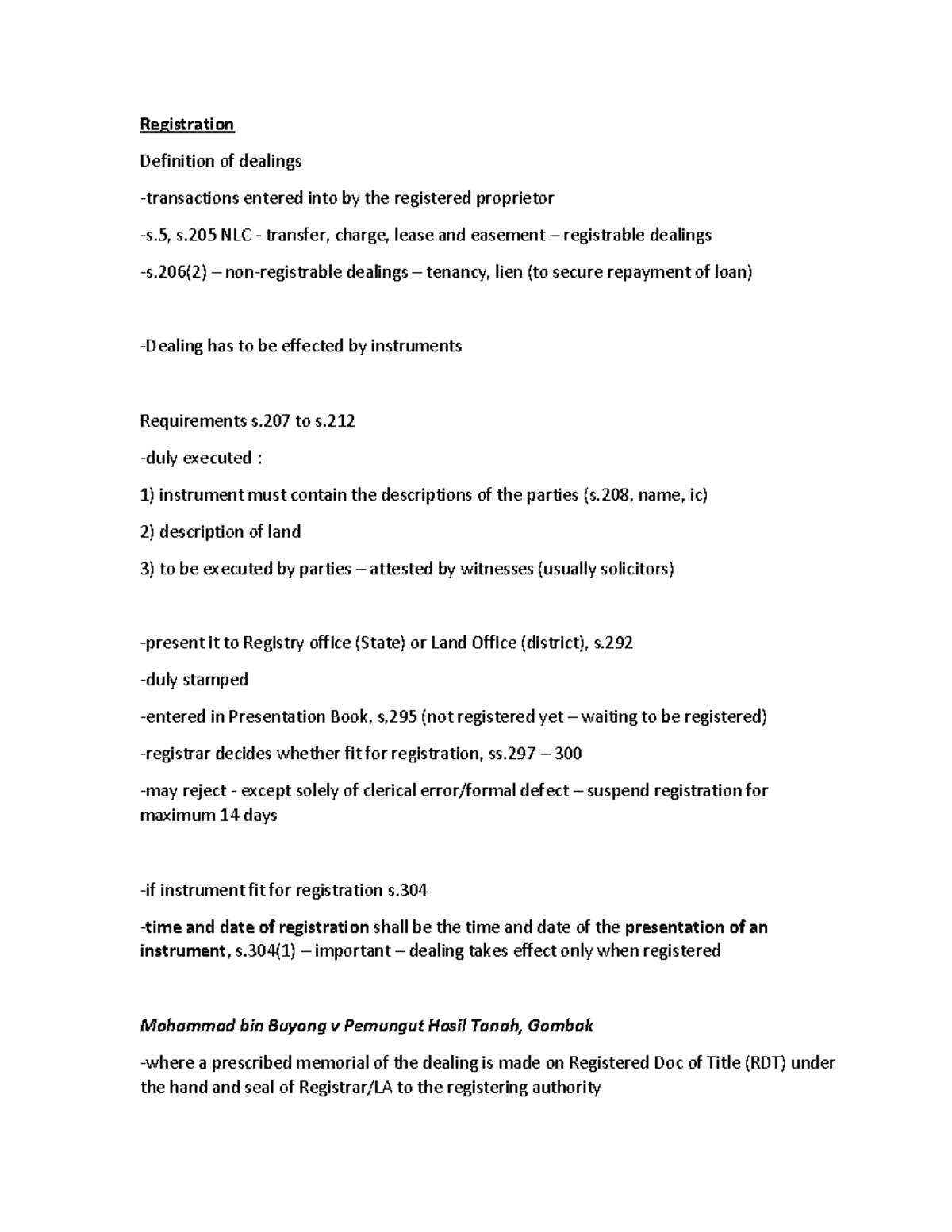 Registration - Summary Land Law I - Registration Definition of dealings ...