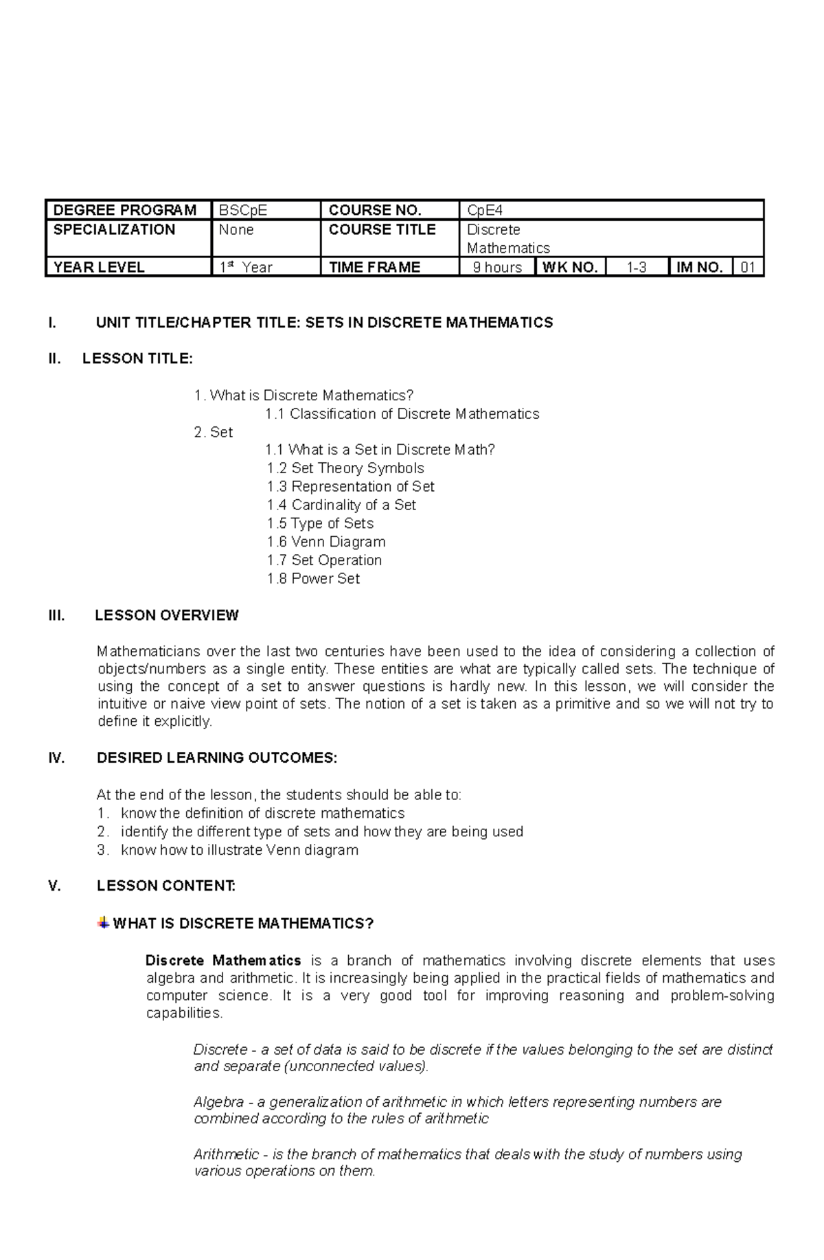 Instructional Module 1 - Sets in Discrete Mathematics - DEGREE PROGRAM BSCpE COURSE NO. CpE ...