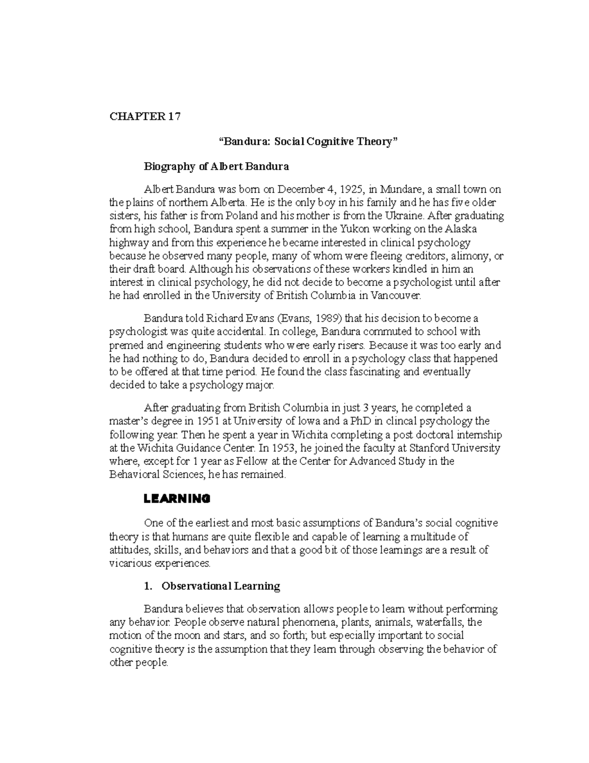 Chapter 17 - CHAPTER 17 “Bandura: Social Cognitive Theory” Biography of ...