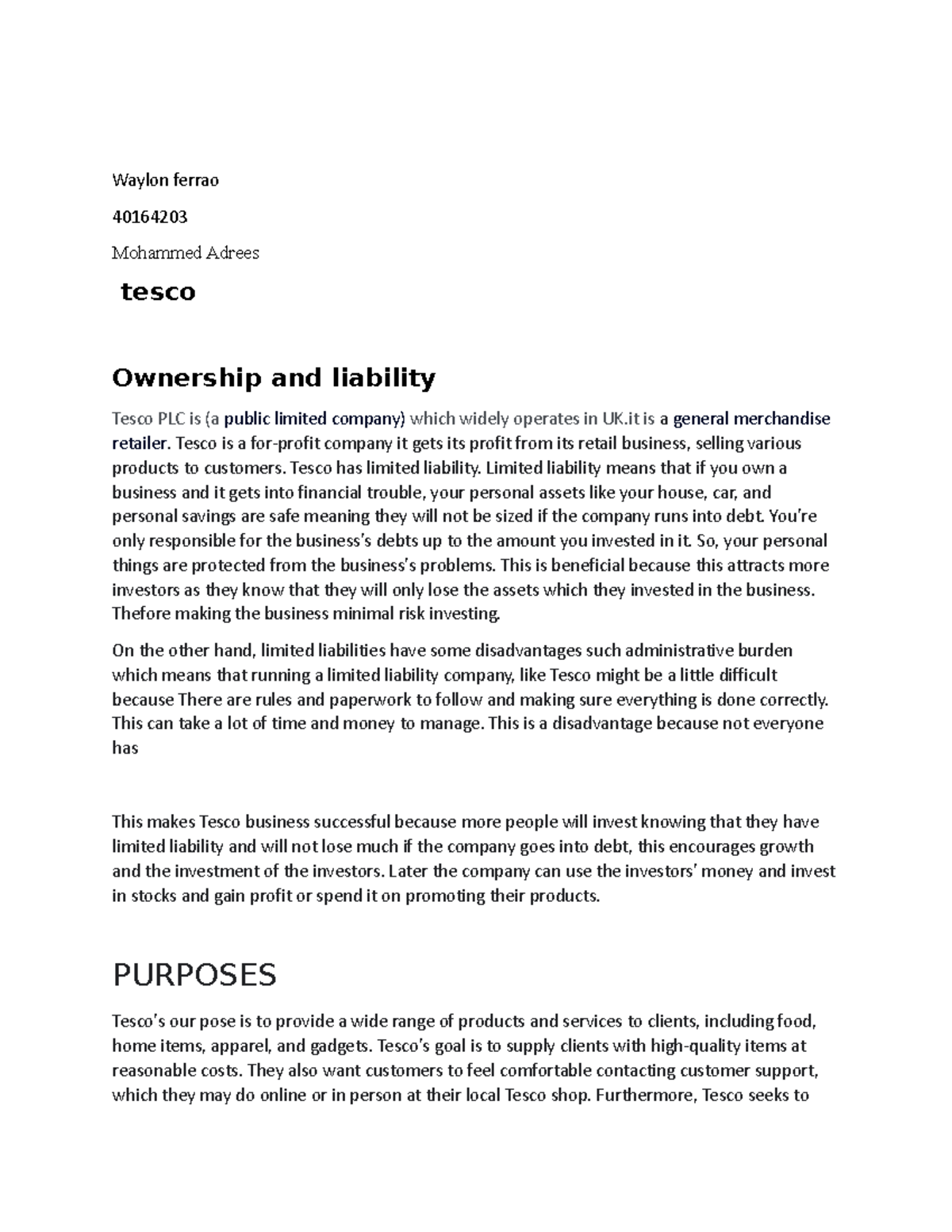 Unit 1 assignment 4 - Waylon ferrao 40164203 Mohammed Adrees tesco ...