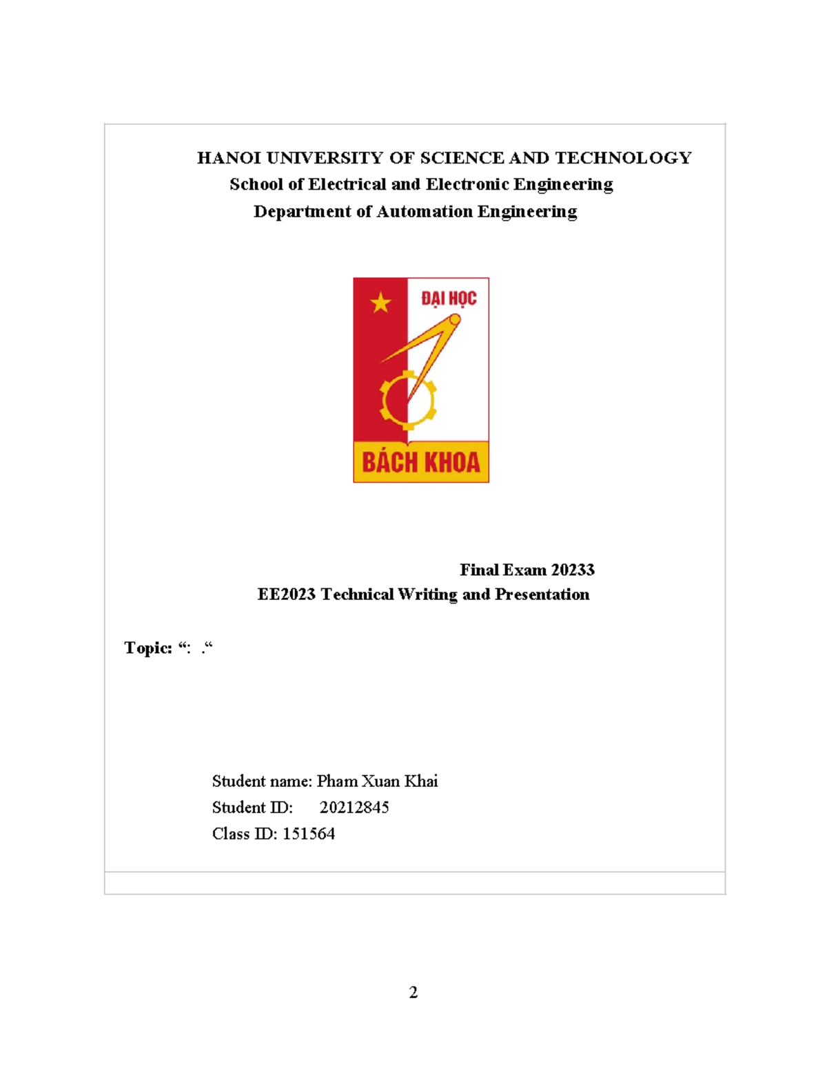 Cover page EE2023 - đồ án - Database - HANOI UNIVERSITY OF SCIENCE AND ...