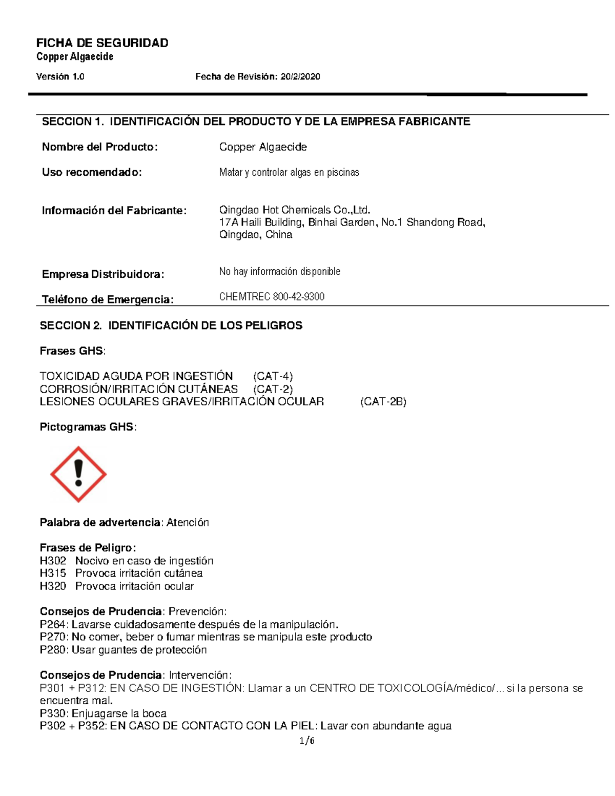 FDS Copper 7 Algaecide - Uso y dosificación - FICHA DE SEGURIDAD Copper ...