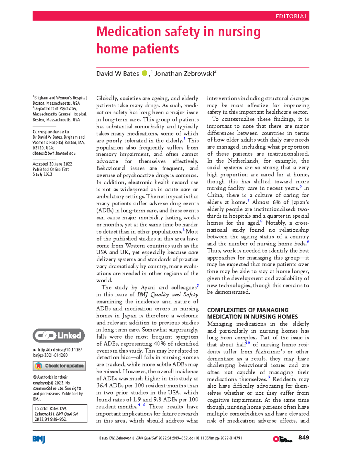 Medication safety in nursing h - Bates DW, Zebrowski J. BMJ Qual Saf ...