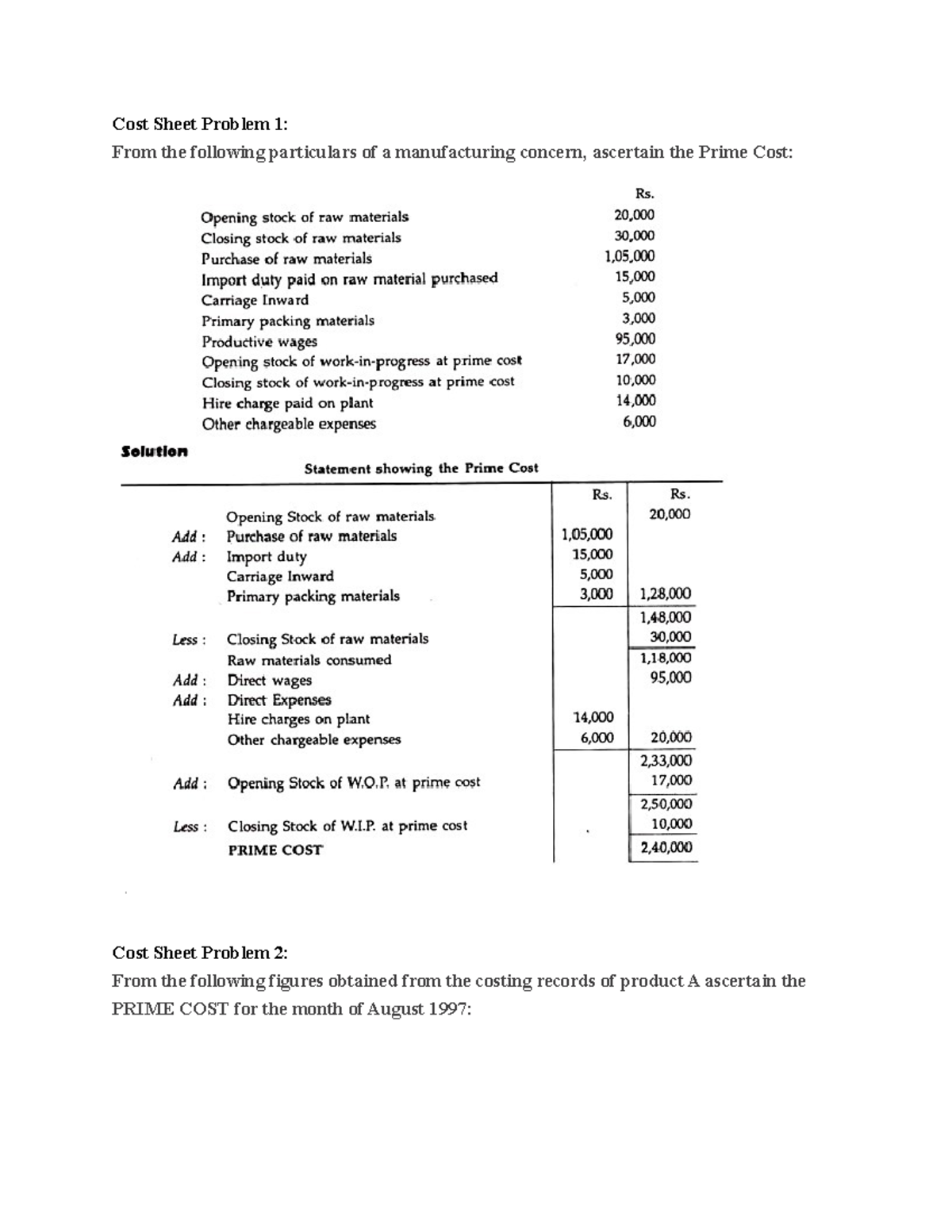 Examples FOR Solving COST Sheet Cost Sheet Problem 1 From The