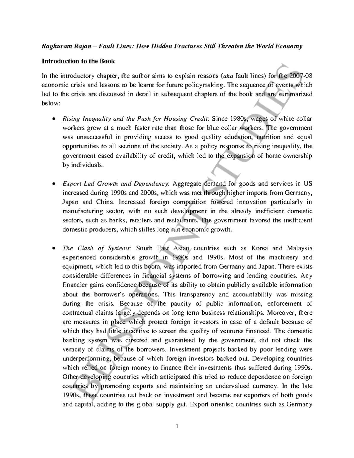Raghuram Rajan Introduction - 1 Raghuram Rajan – Fault Lines: How ...