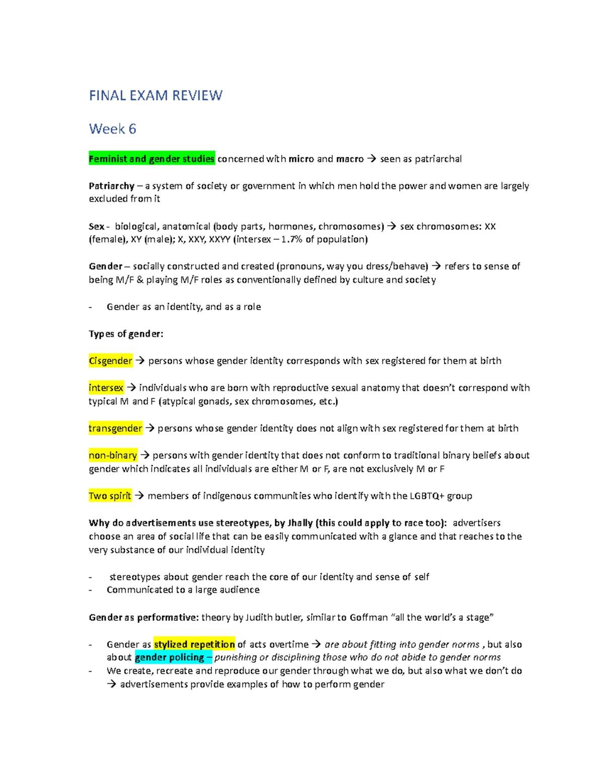 Final EXAM Review - FINAL EXAM REVIEW Week 6 Feminist and gender ...