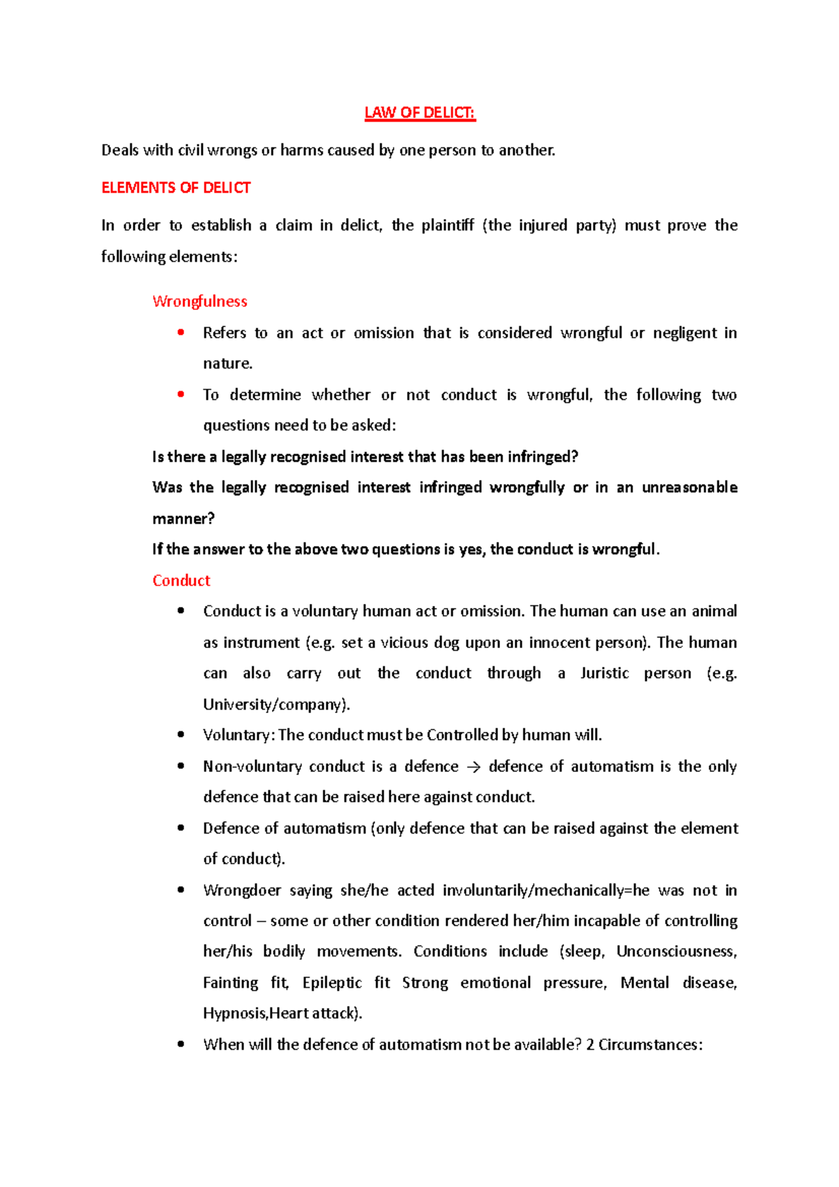Updated Delict Notes - LAW OF DELICT: Deals with civil wrongs or harms ...