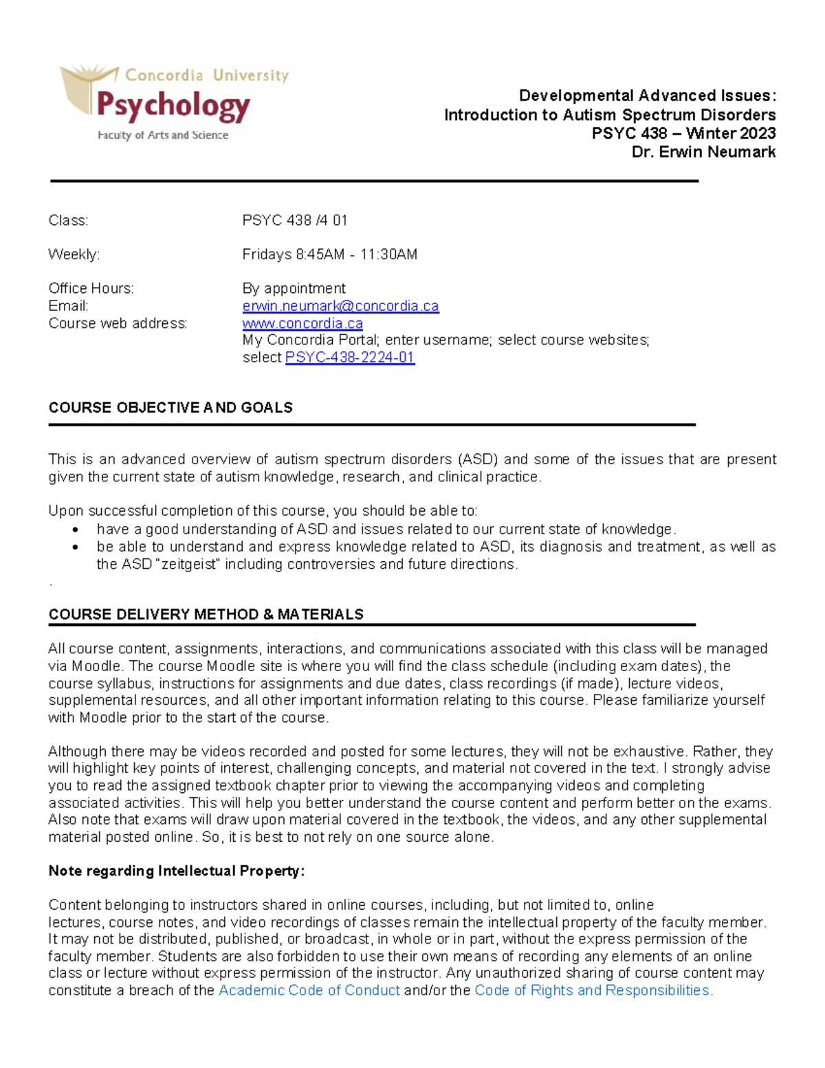 Course Outline for PSYC 438 Winter 2023 December 7 2022 - Developmental ...