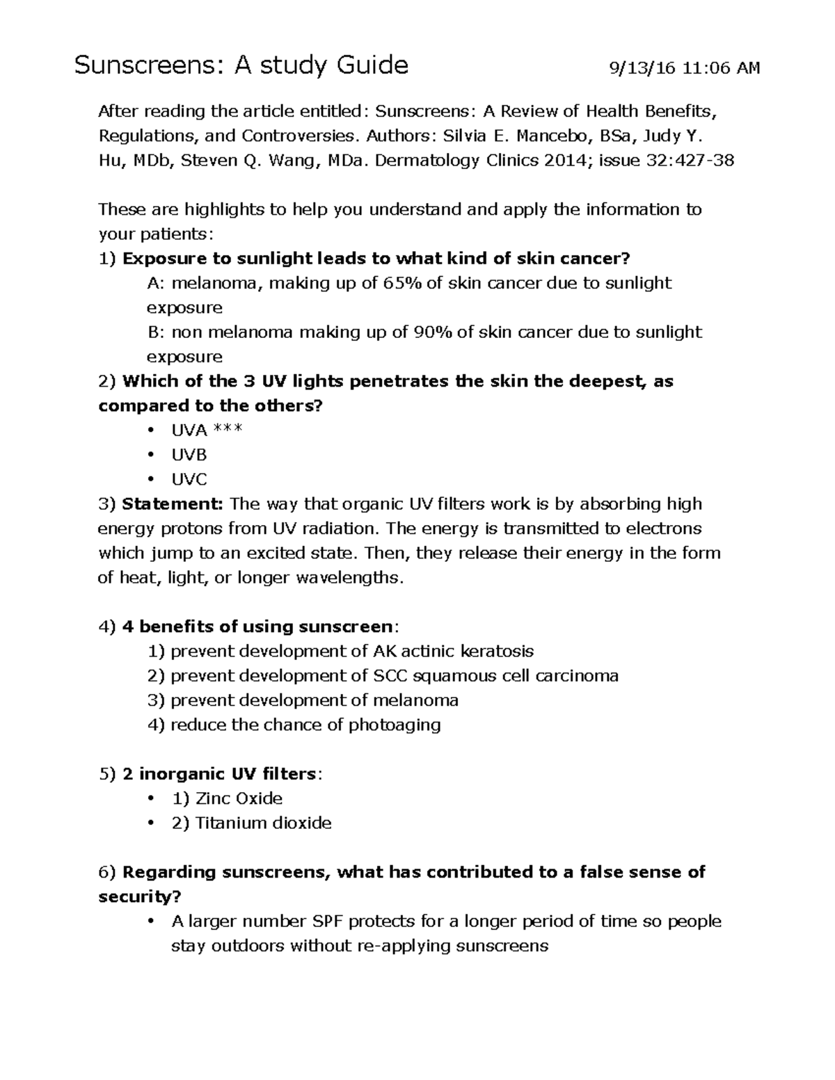 Sunscreens study guide 2016 KEY GEC - Sunscreens: A study Guide 9/13/16 ...