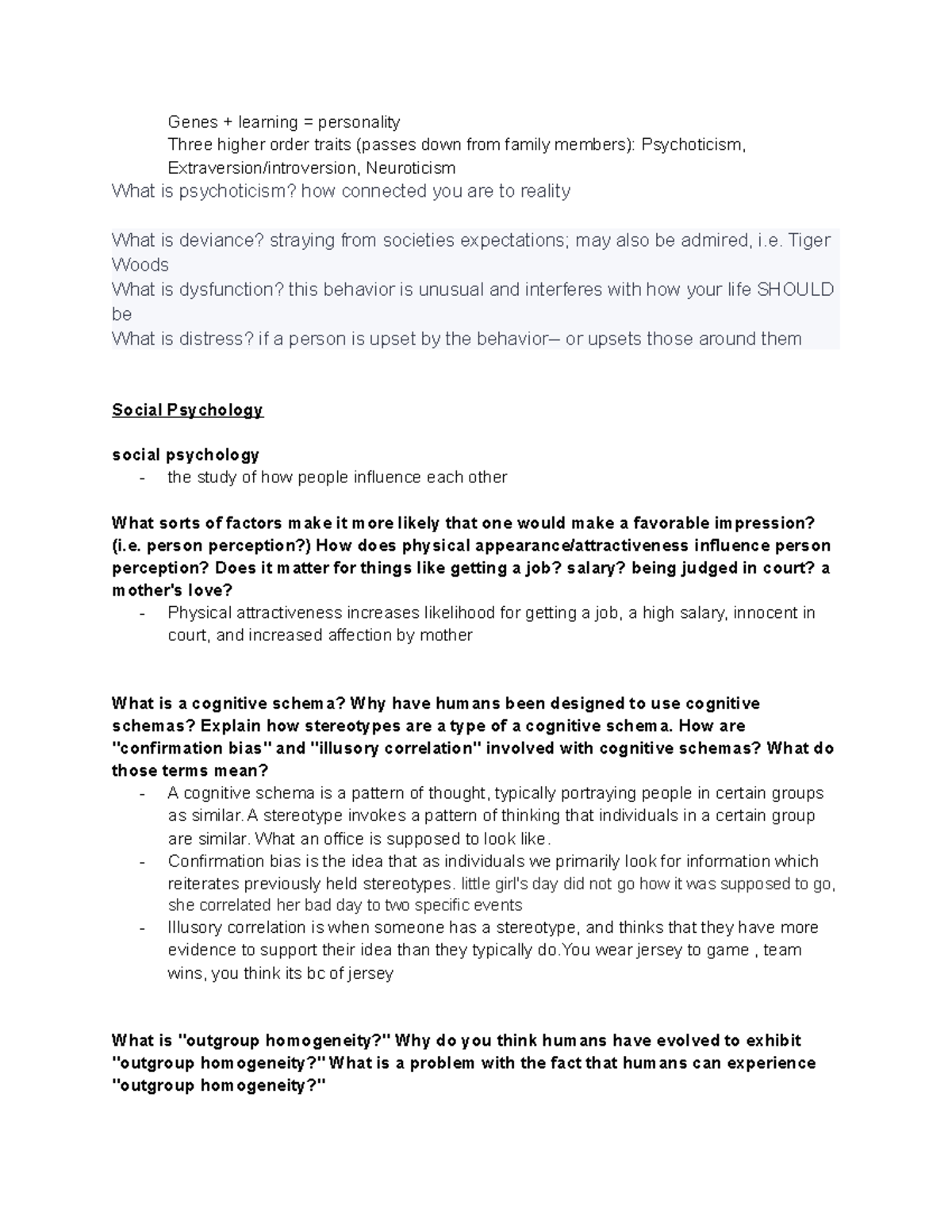 final exam prep notes - Genes + learning = personality Three higher ...