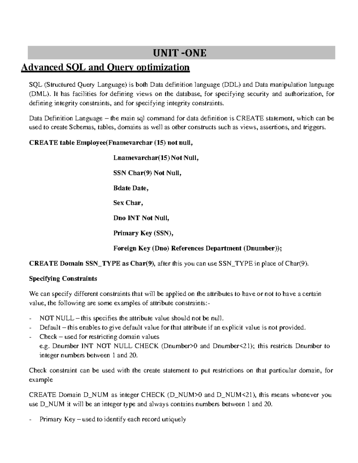 ADBhandout - ####### UNIT - ONE Advanced SQL and Query optimization SQL ...