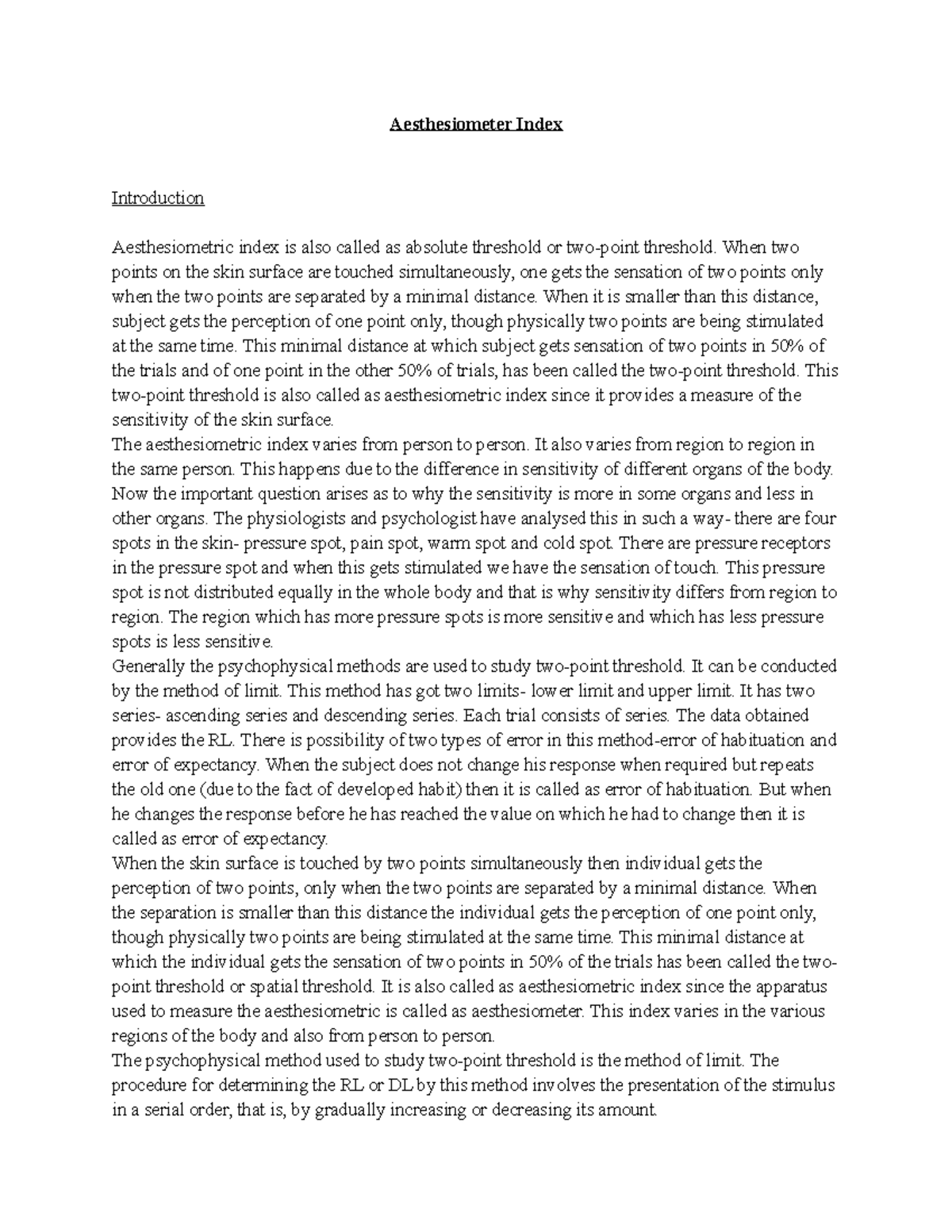 Aesthesiometer Index - Aesthesiometer Index Introduction ...