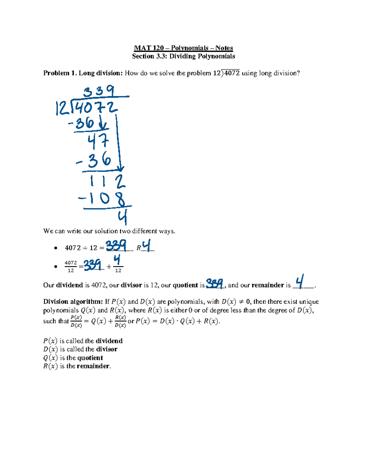MAT 120 - Notes - 3.3 - key - MAT 120 – Polynomials – Notes Section 3 ...