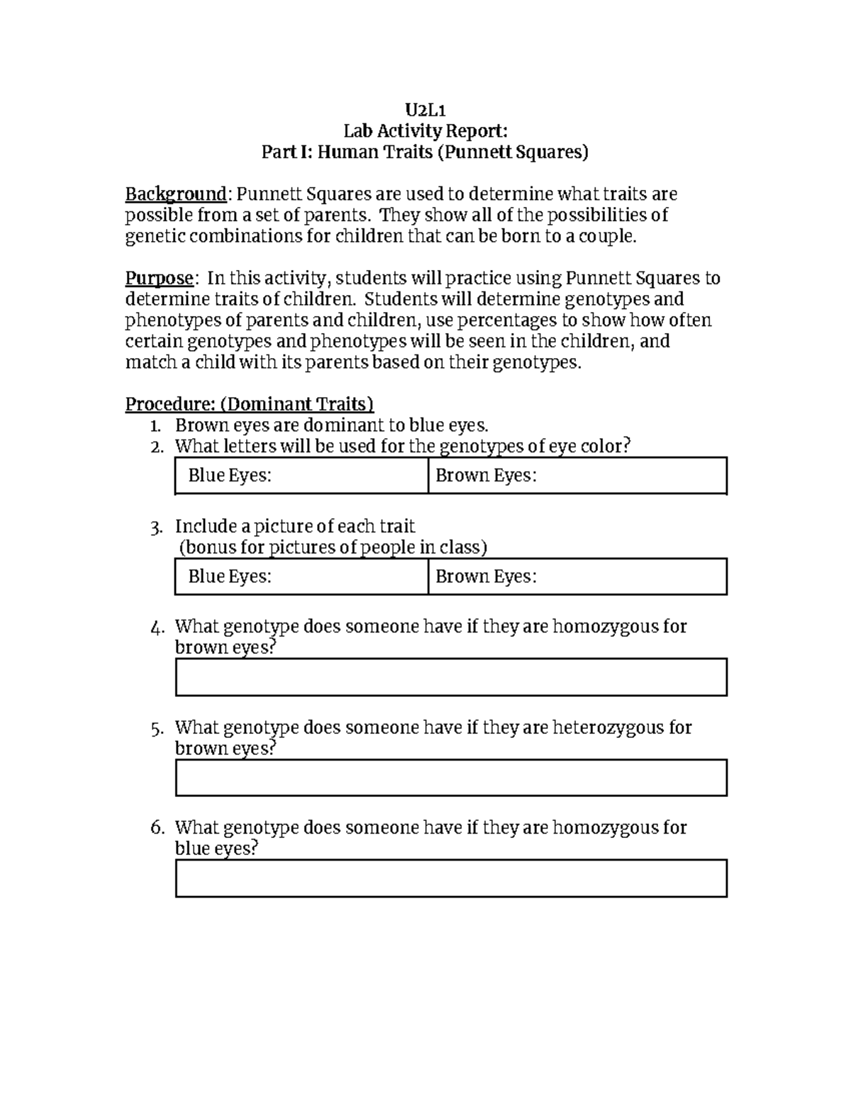 U2L1 - One Factor Crosses Human Traits - U2L Lab Activity Report: Part ...