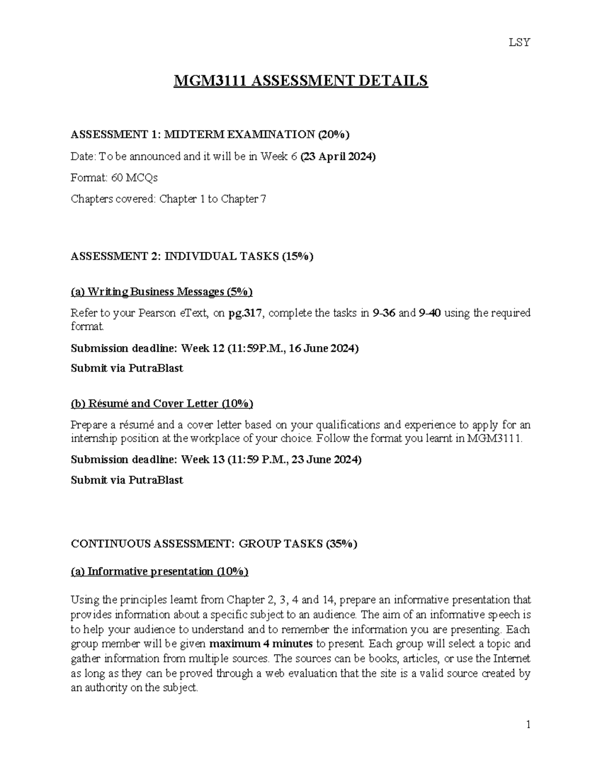 2. MGM3111 Assessment Details Semester 2 2023-2024 - MGM3111 ASSESSMENT DETAILS ASSESSMENT 1 ...