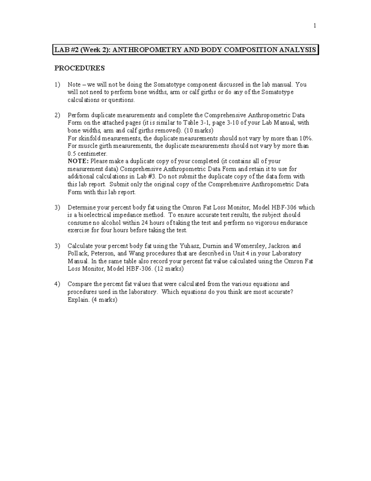 Lab 2 - Anthropometry - Lab notes - LAB #2 (Week 2): ANTHROPOMETRY AND ...