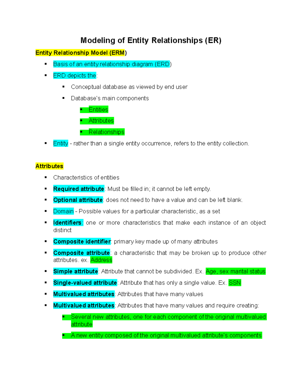 Modeling of Entity Relationships (ER) - Attributes Characteristics of ...