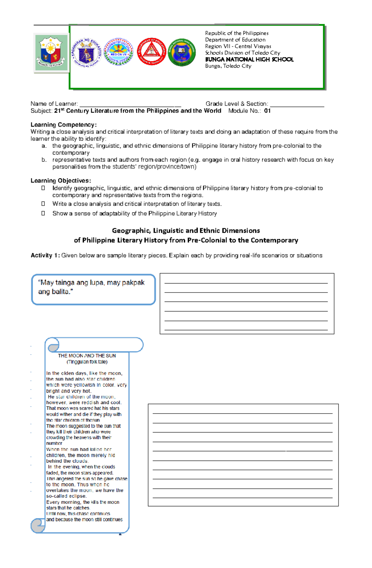 495026623 Q1 Module 1 Activity Sheet 21st C Lit - Republic of the ...
