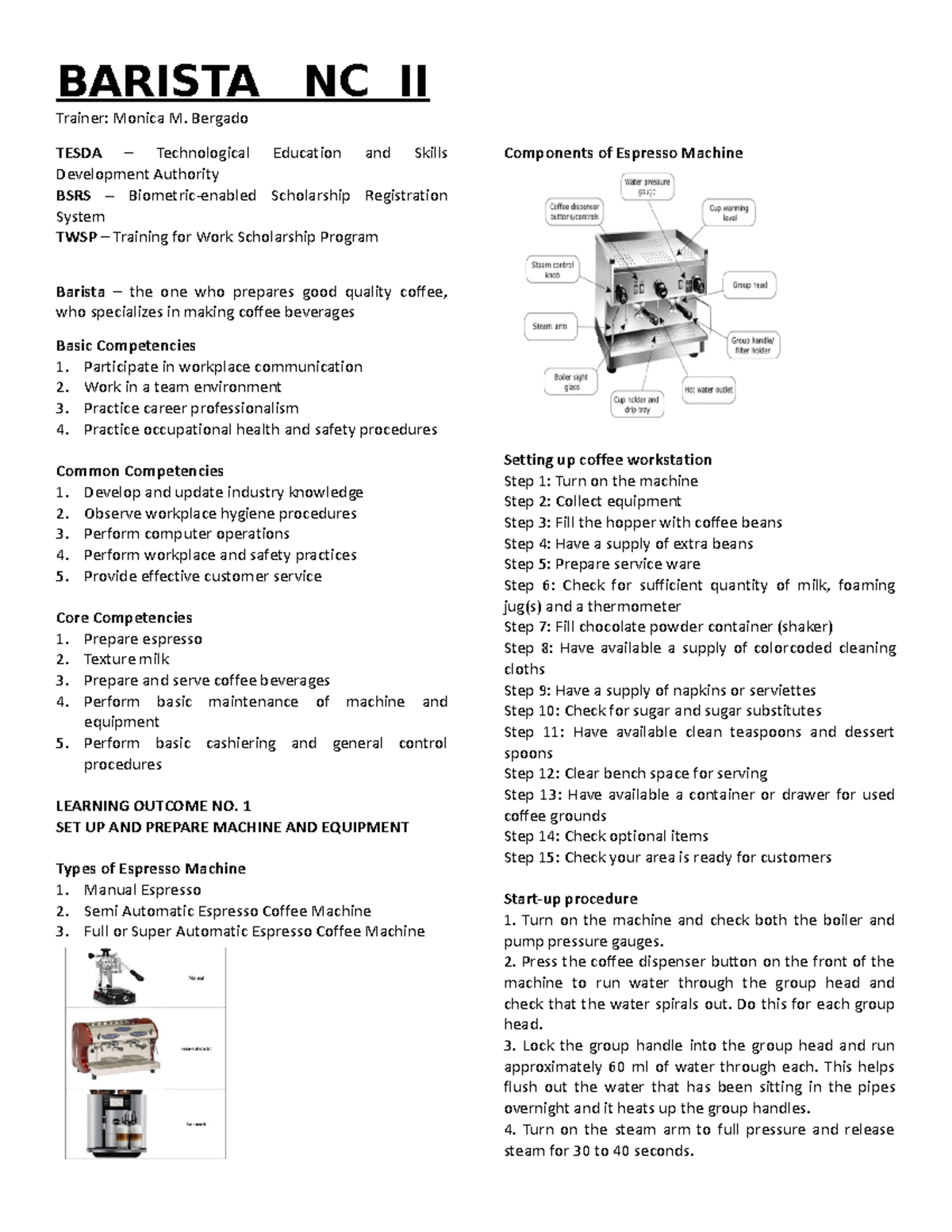Barista- Notes - BARISTA NC II Trainer: Monica M. Bergado TESDA ...